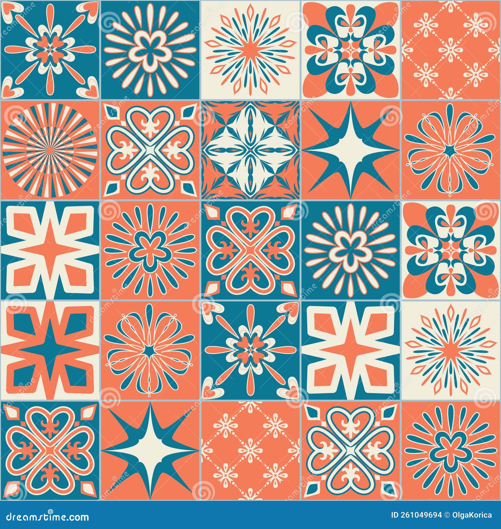 Ceramic Tile with Square Patterns Orange Blue Color, Trendy Patchwork ...