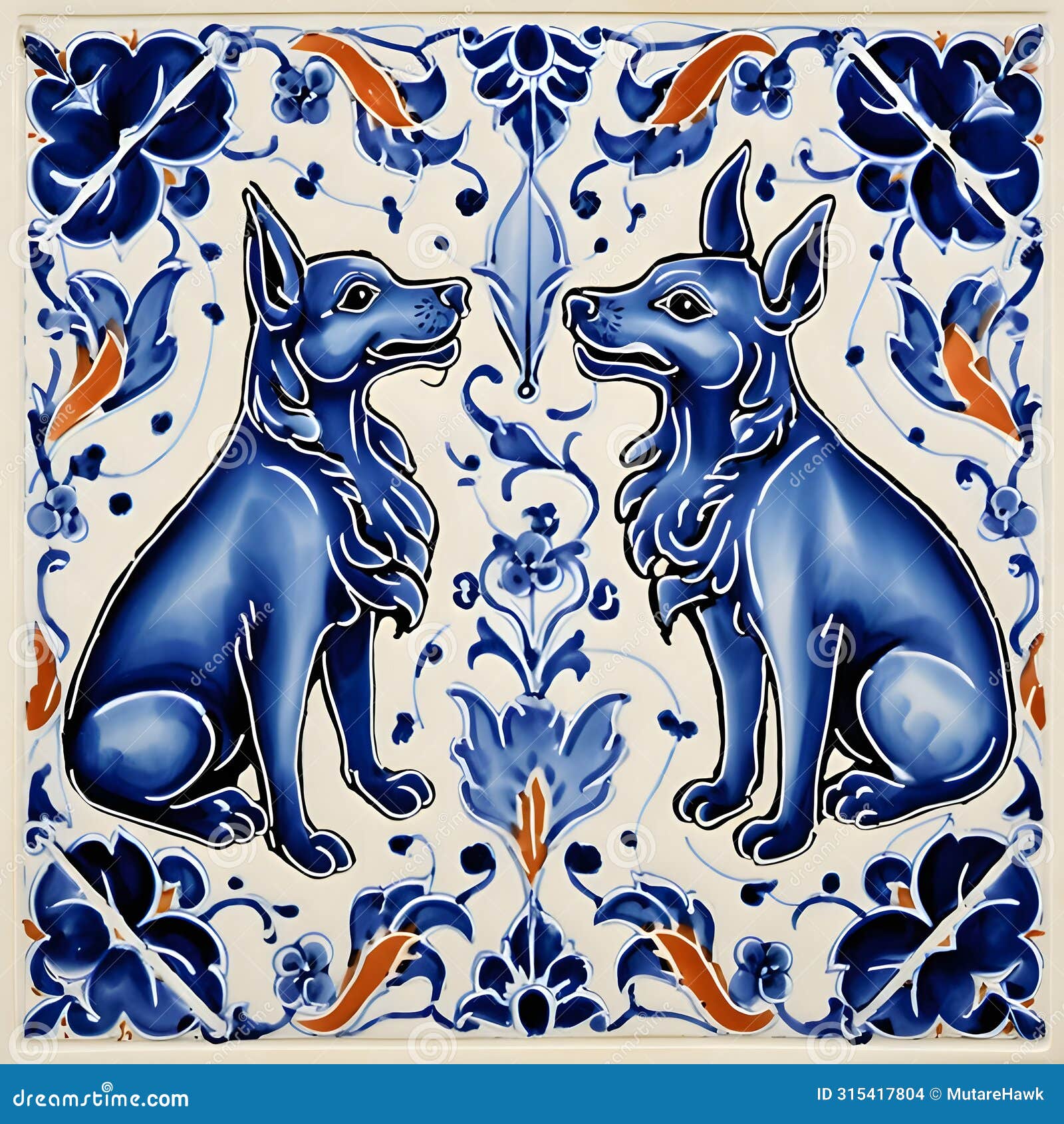 Ceramic Tile with Two Dogs in Blue and White Colors Stock Vector ...