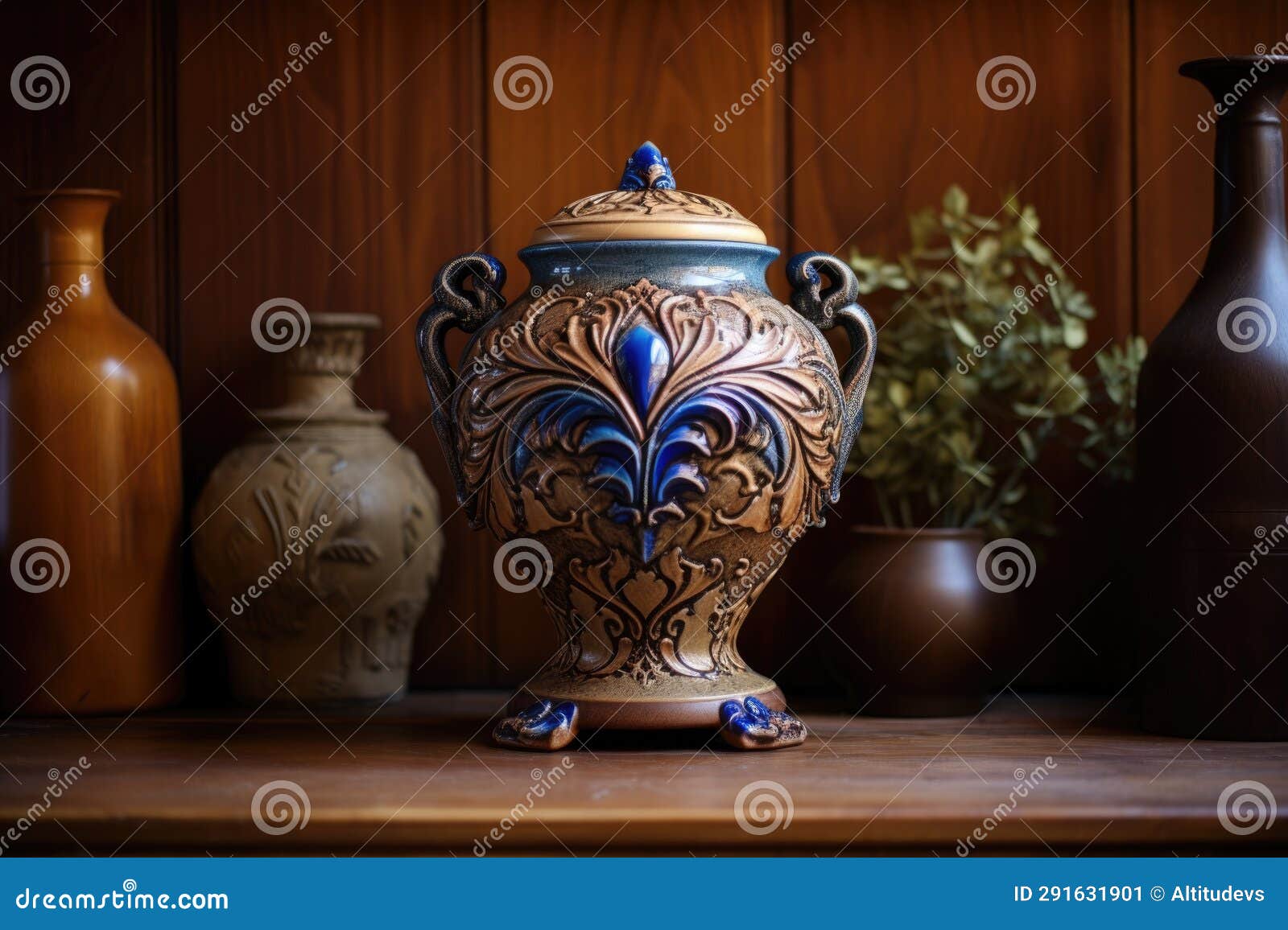 A Ceramic Urn on a Wooden Shelf Stock Image - Image of handmade, decor ...
