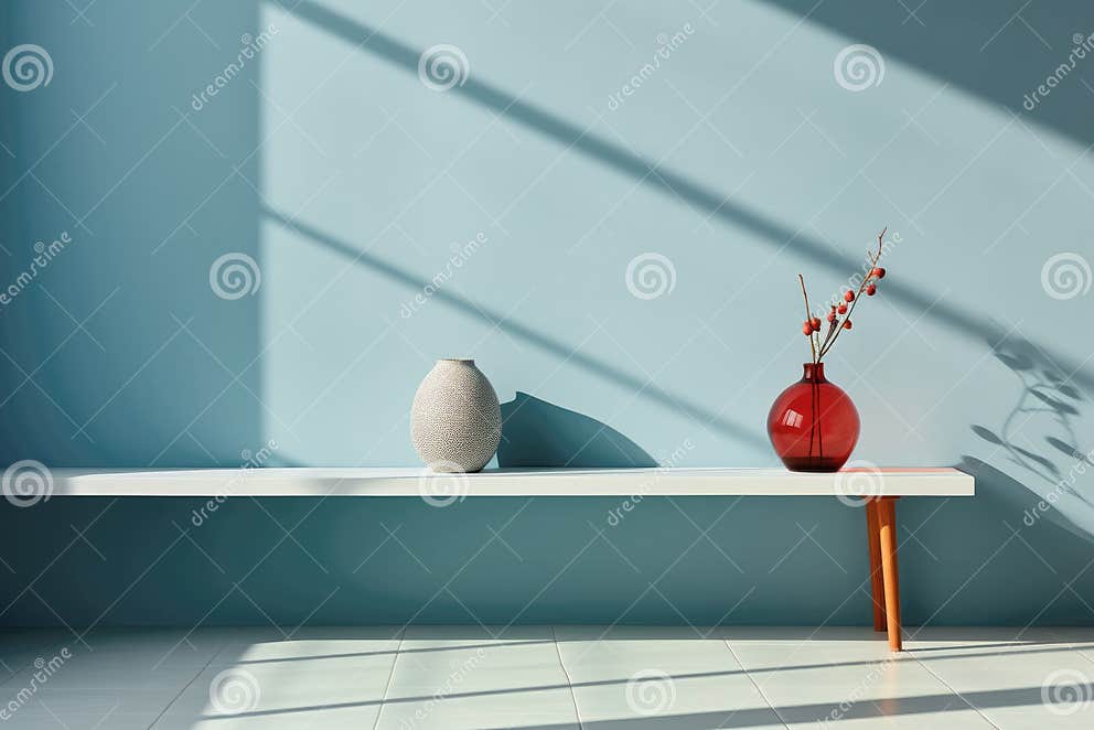 Ceramic Vases on a White Bench, a Sunny Shadow on the Blue Wall Stock ...