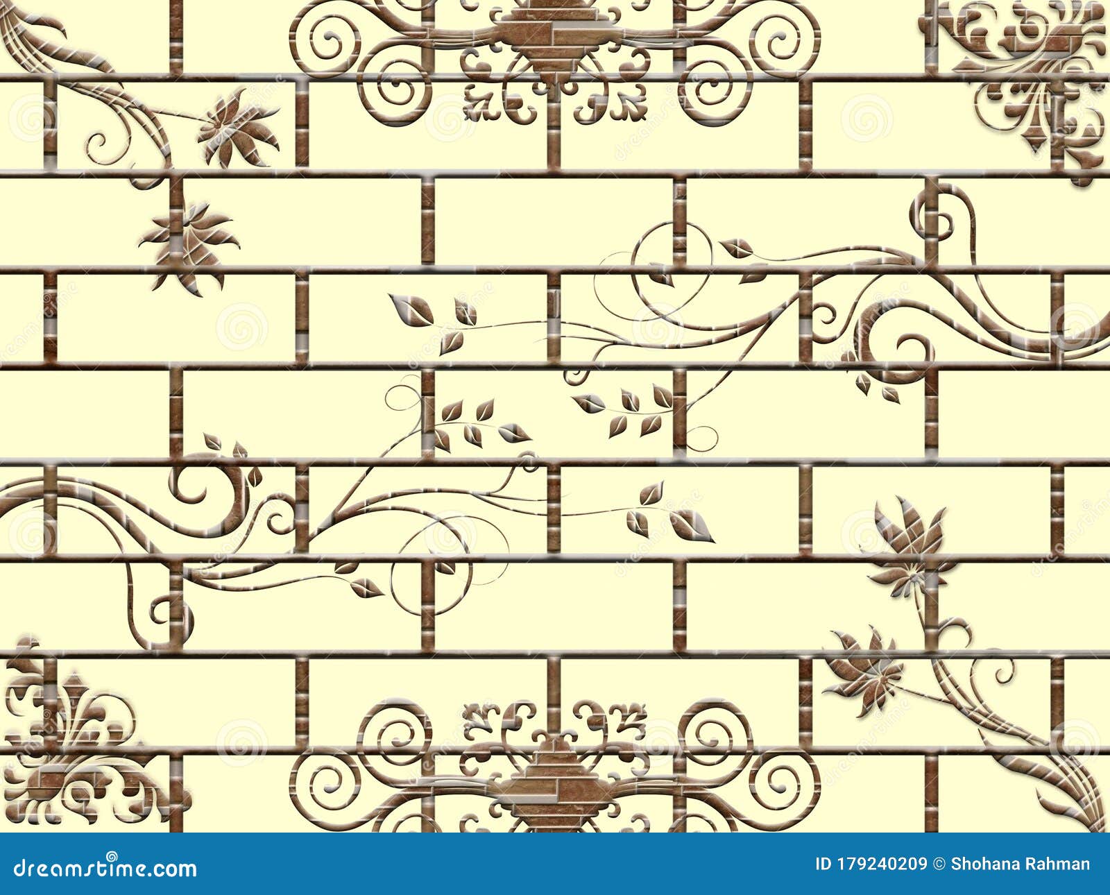 Ceramic Wall Tile Design, Bricks Pattern With Brown Flowers On A Light ...