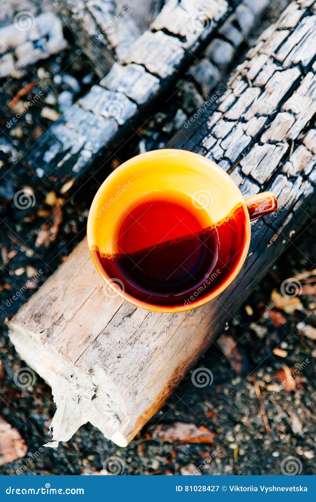 Ceramic Yellow Cup Stands on a Log Near the Fire in Winter Outdoors ...