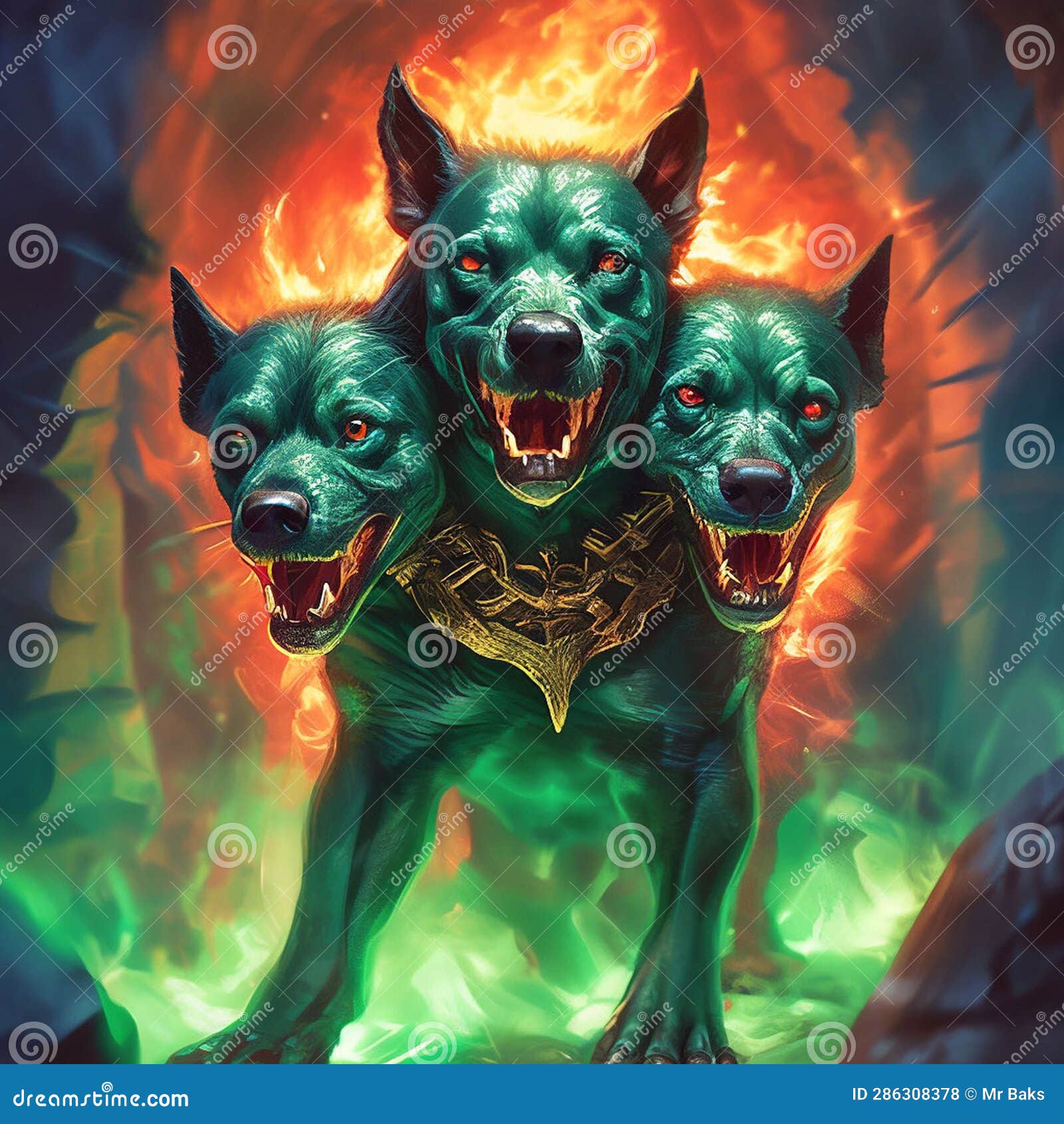 Cerberus on fire. stock illustration. Illustration of myth - 286308378