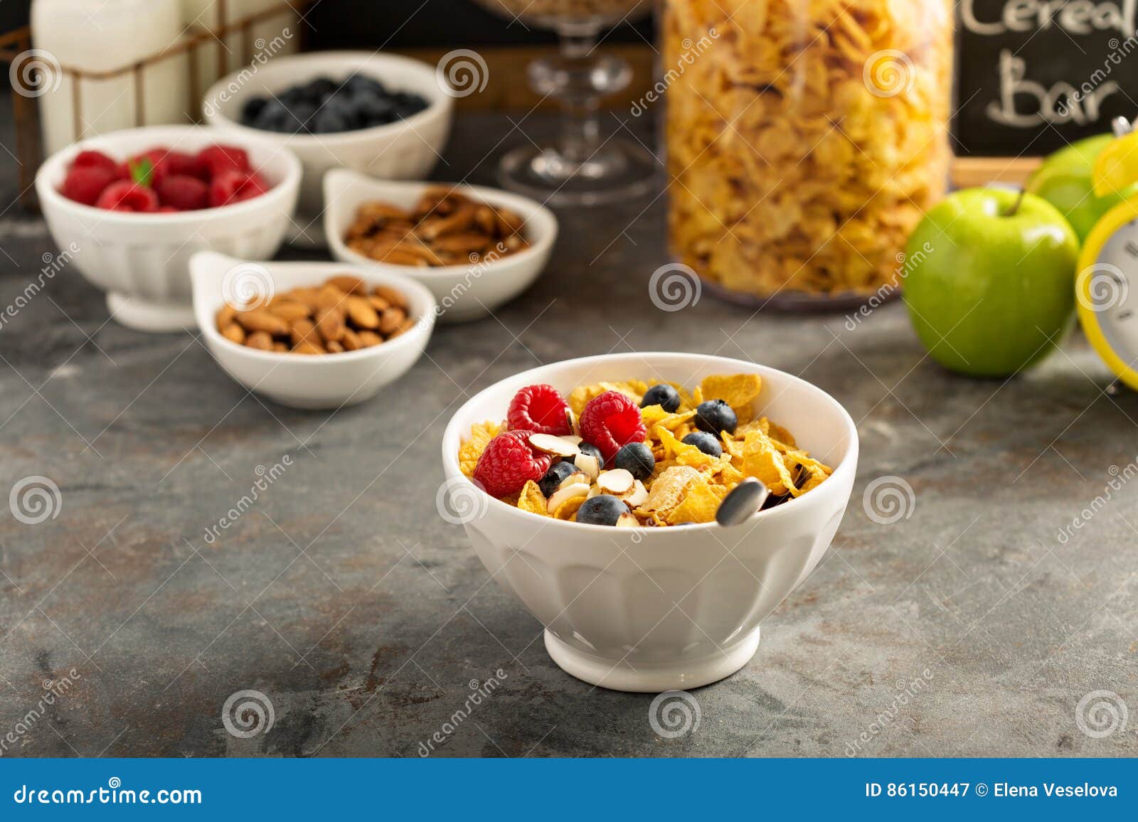 Cereal Bar or Buffet Wih Cornflakes, Fruit and Nuts Stock Image - Image ...