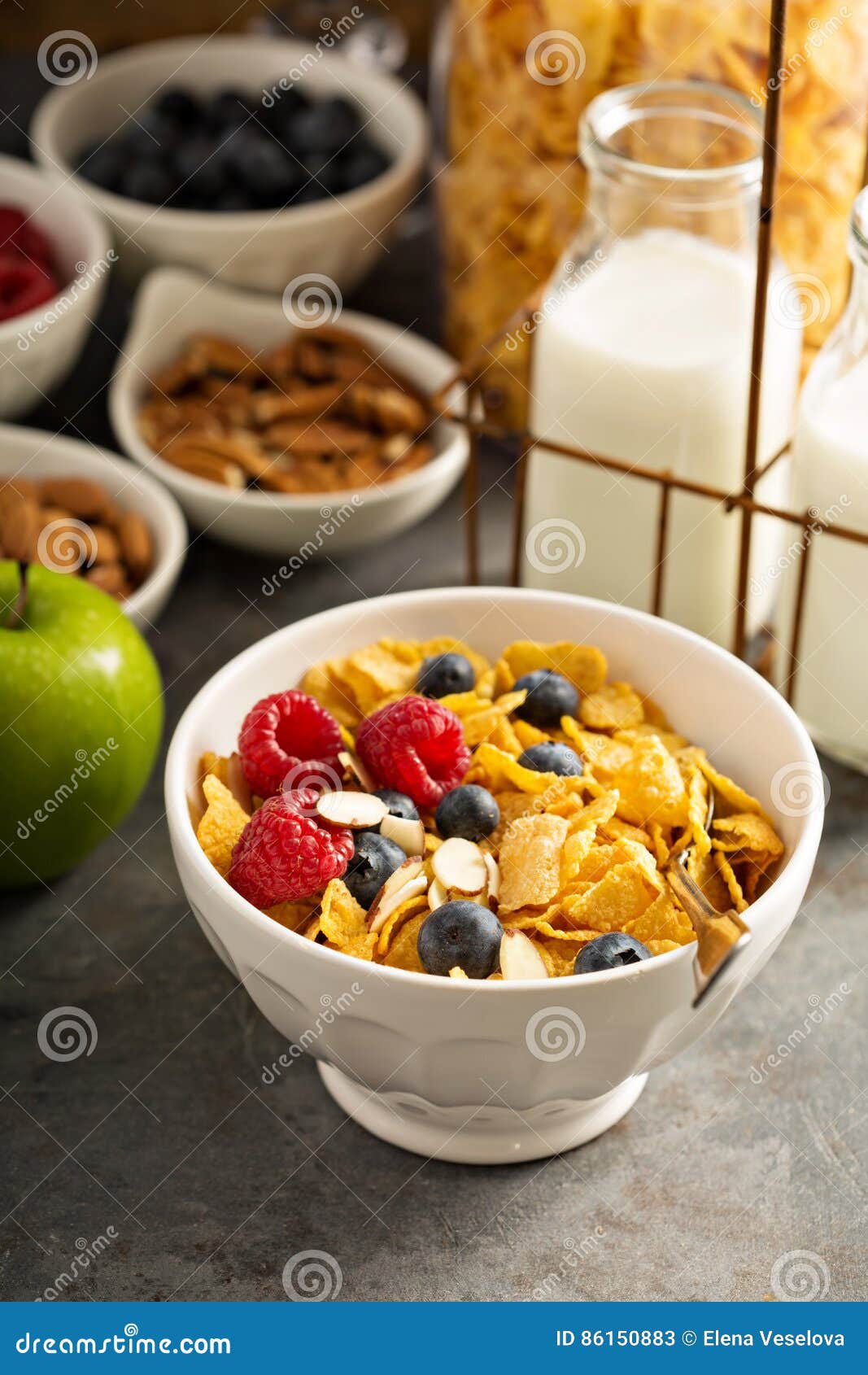 Cereal Bar or Buffet Wih Cornflakes, Fruit and Nuts Stock Image - Image ...