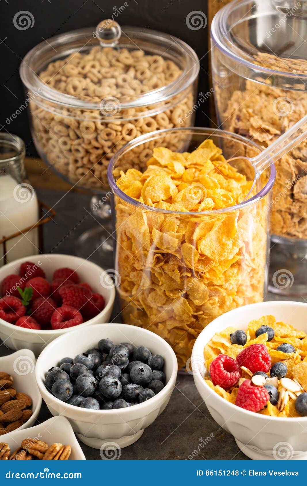 Cereal Bar or Buffet Wih Cornflakes, Fruit and Nuts Stock Photo - Image ...