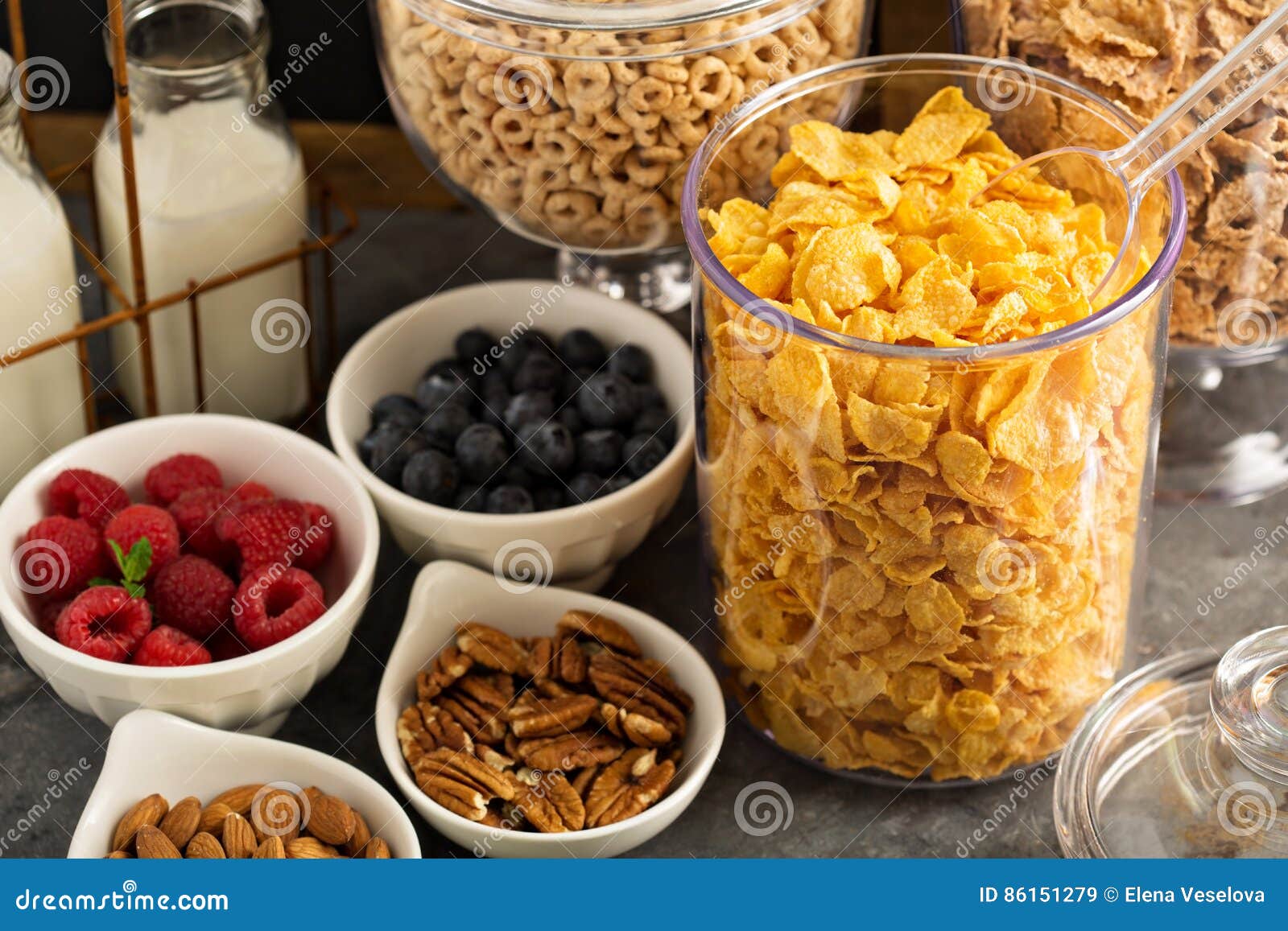 Cereal Bar or Buffet Wih Cornflakes, Fruit and Nuts Stock Image - Image ...