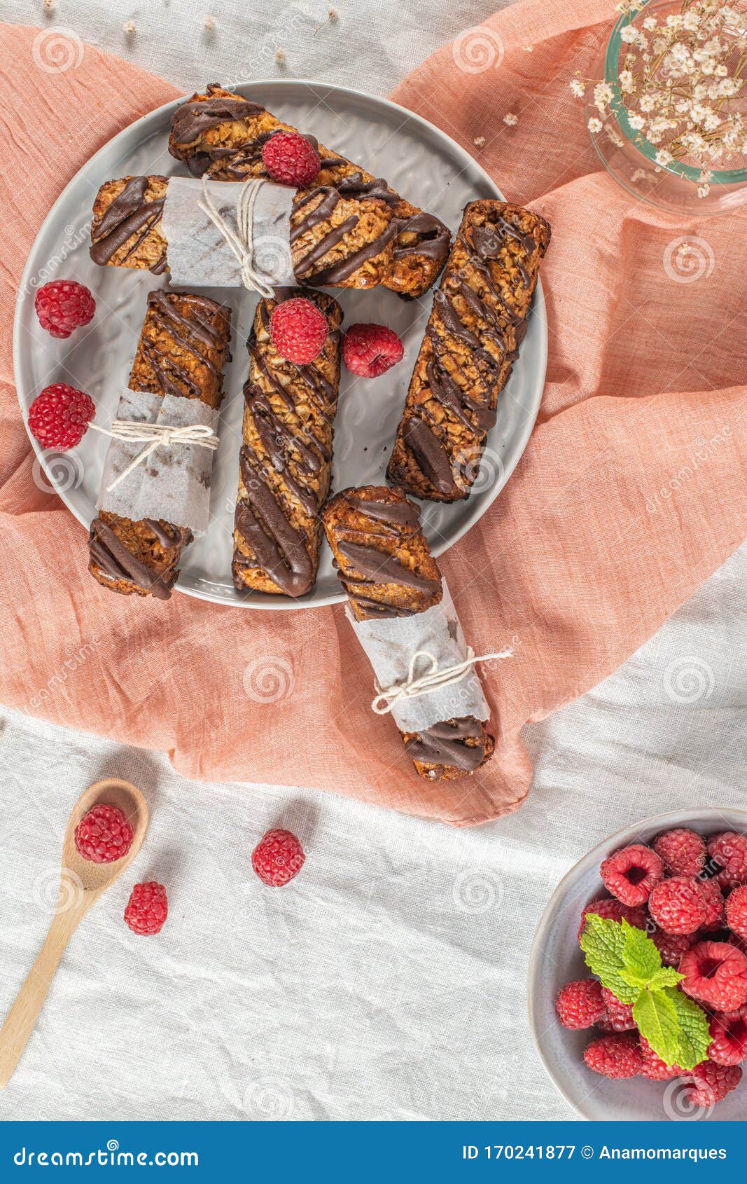Cereal Bars with Raspberries on Kitchen Counter Top Stock Image - Image ...