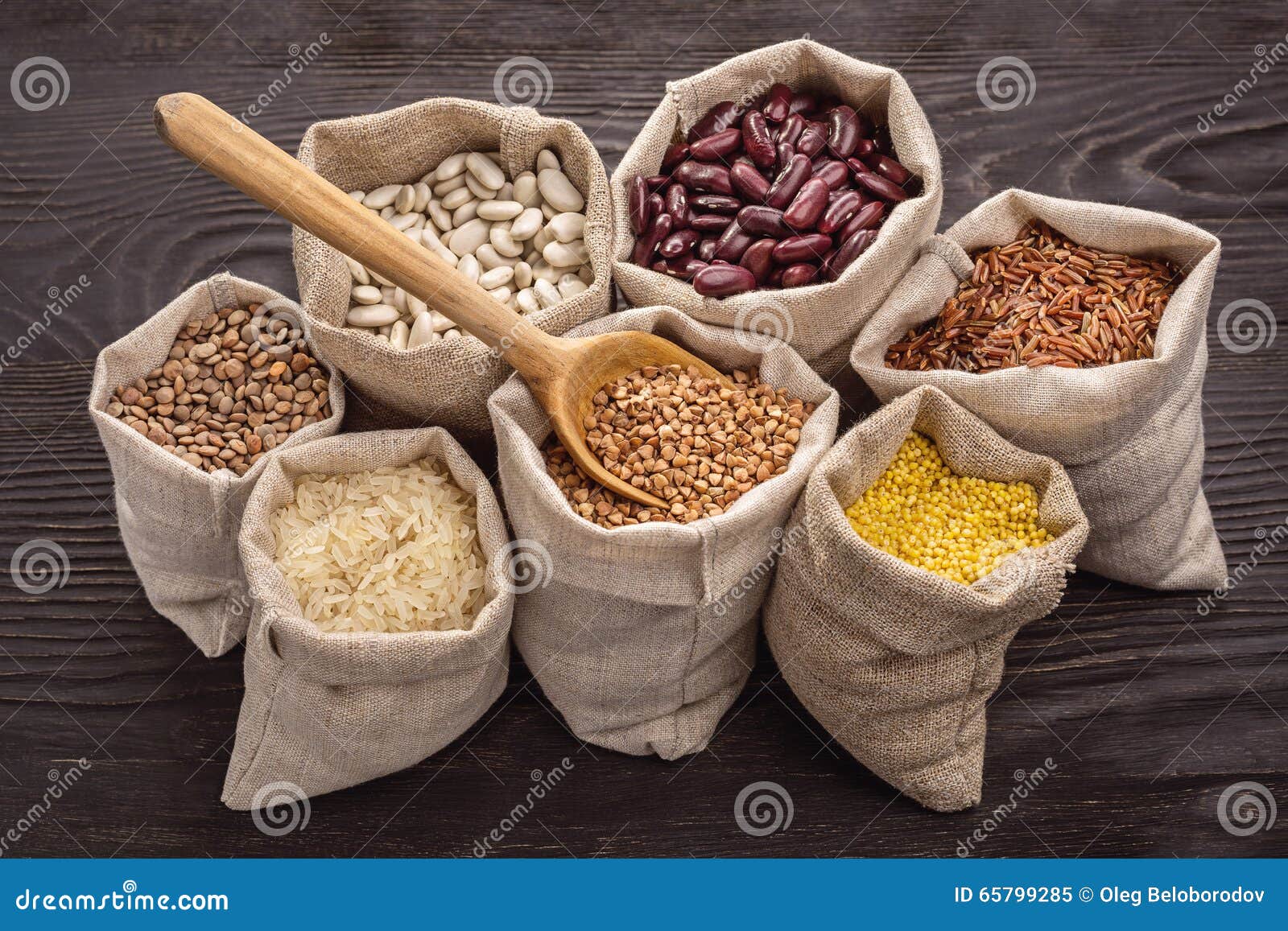 Cereals and beans in bags. stock image. Image of meal - 65799285