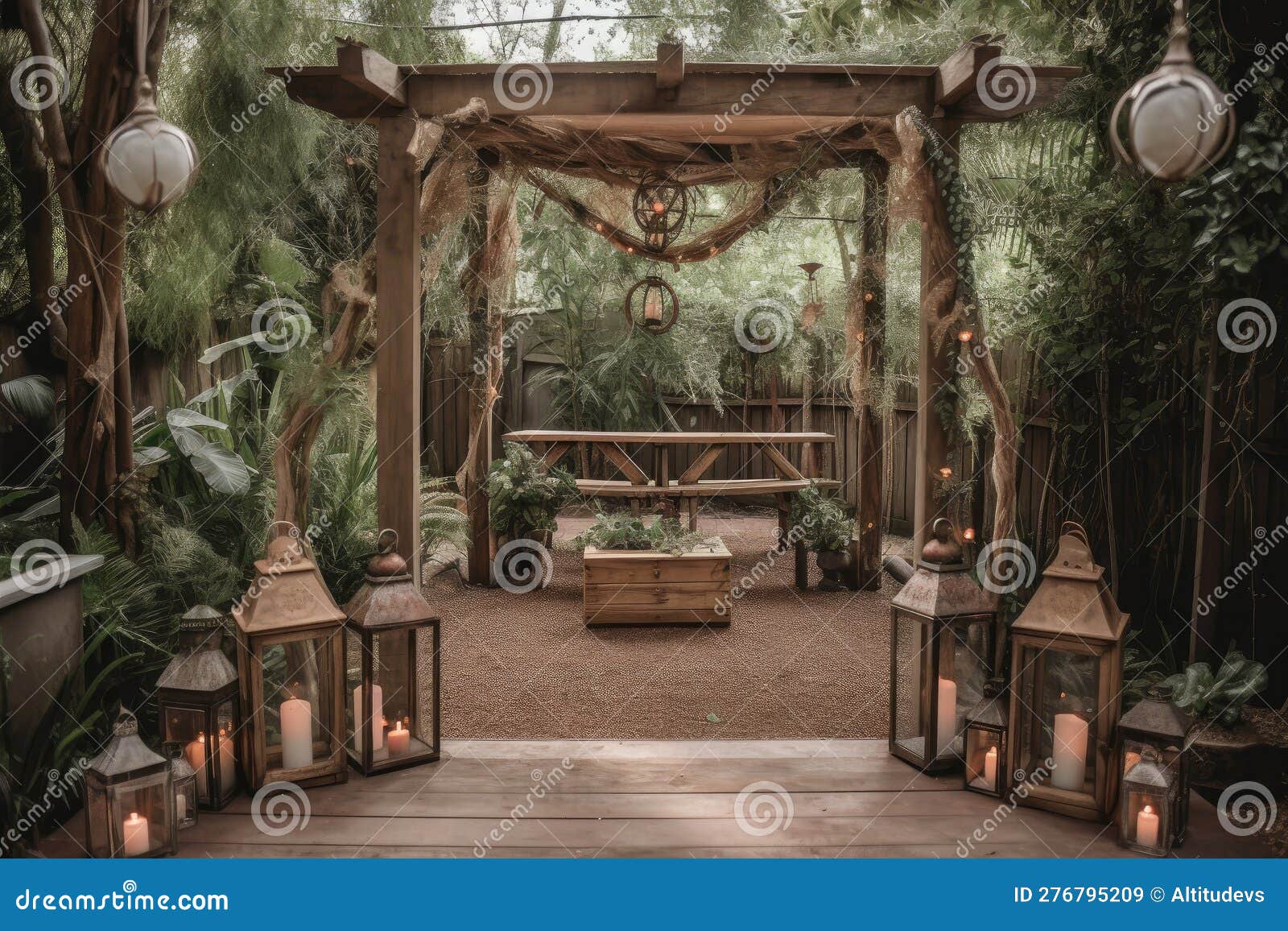 Ceremony Space with Rustic Wooden Altar and Lanterns, Surrounded by ...