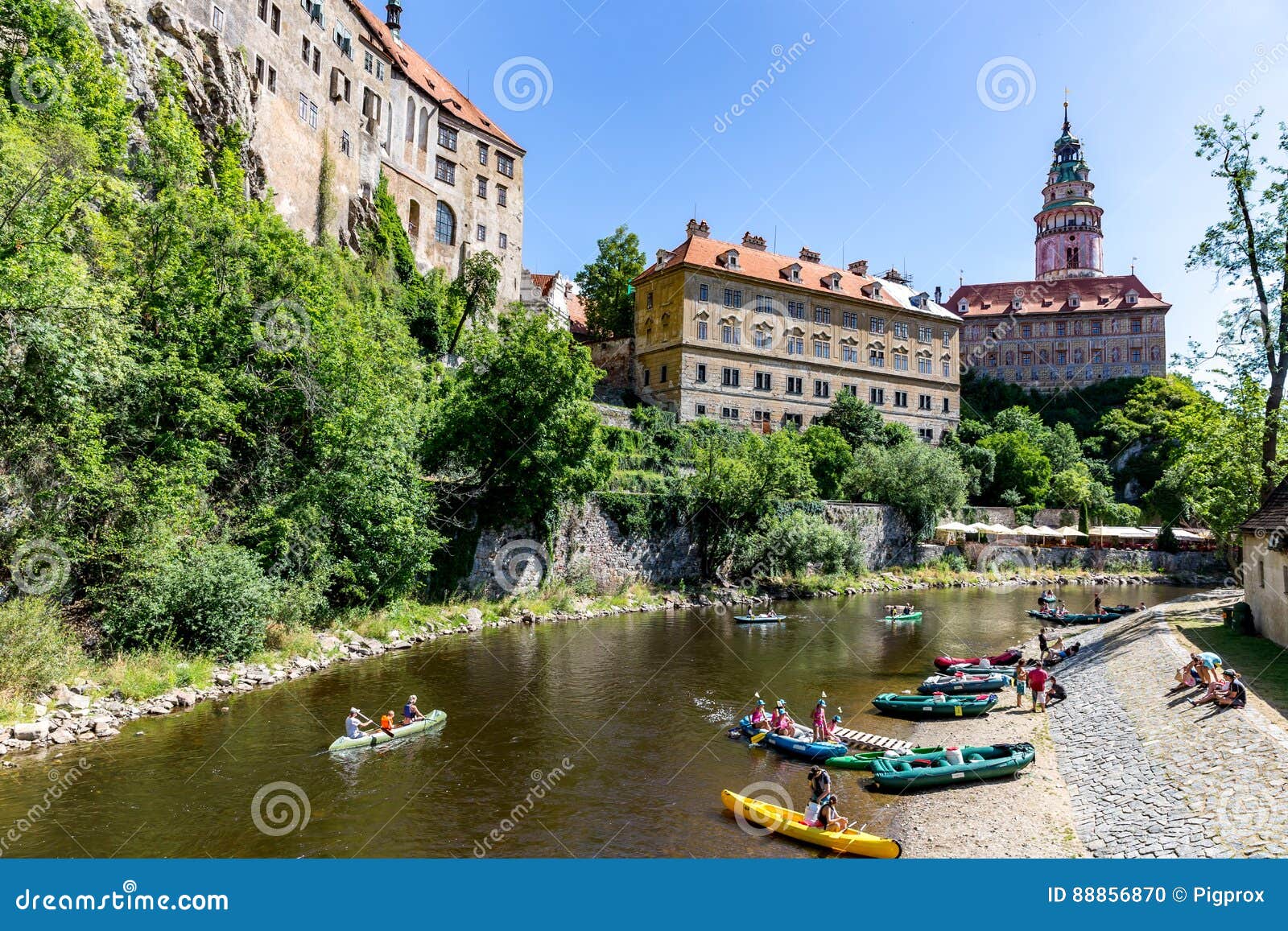 Cesky Krumlov Castle with Tower and Rafting on Vltava River Editorial ...