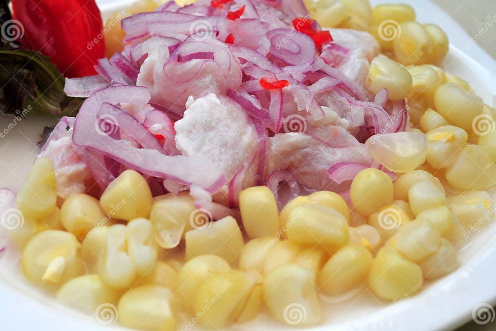 Ceviche, a Dish of Raw Fish, Cooked with Lemon and Accompanied by Corn ...