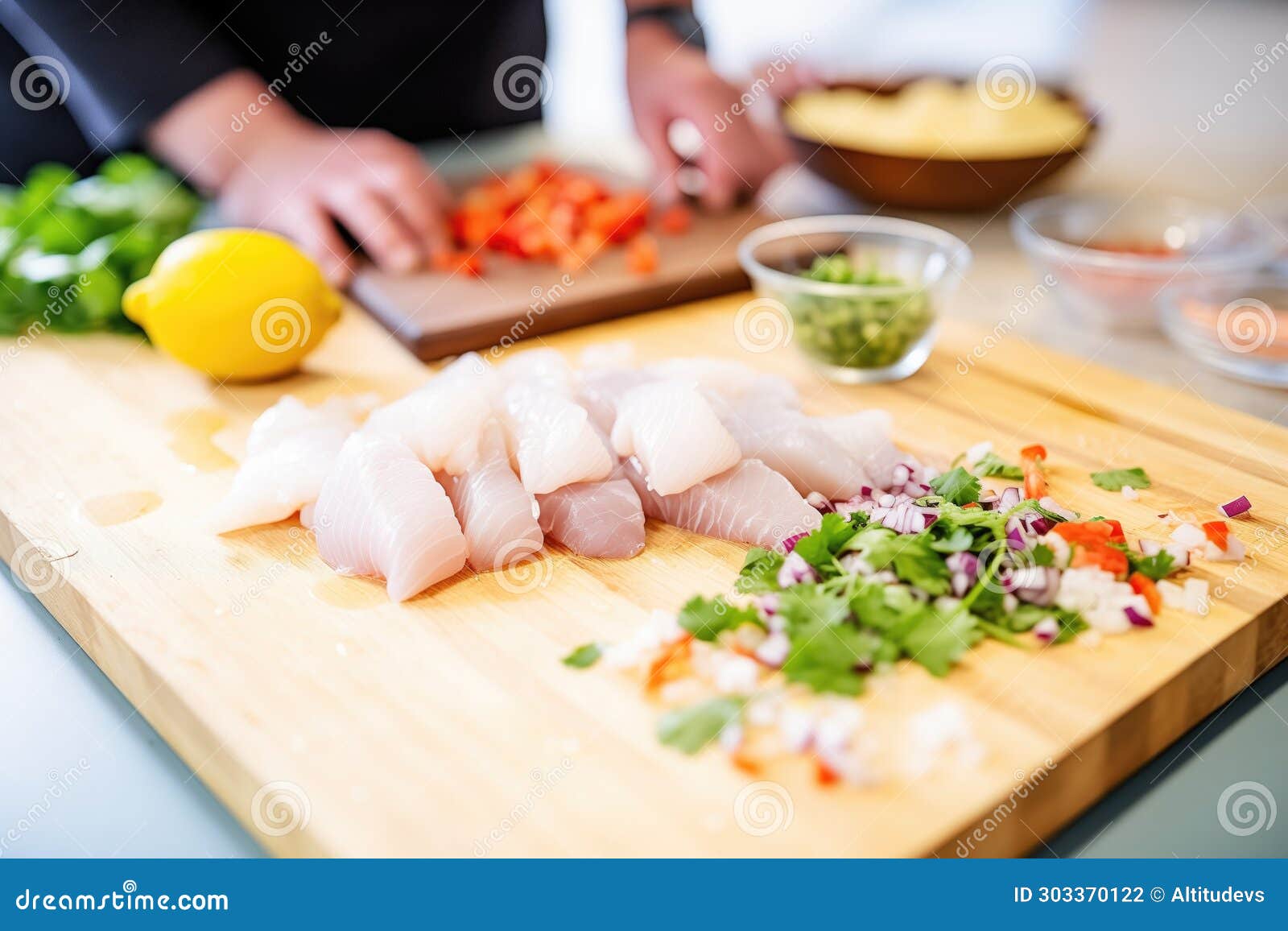 Ceviche Making Process With Chopped Ingredients On A Chopping Board ...