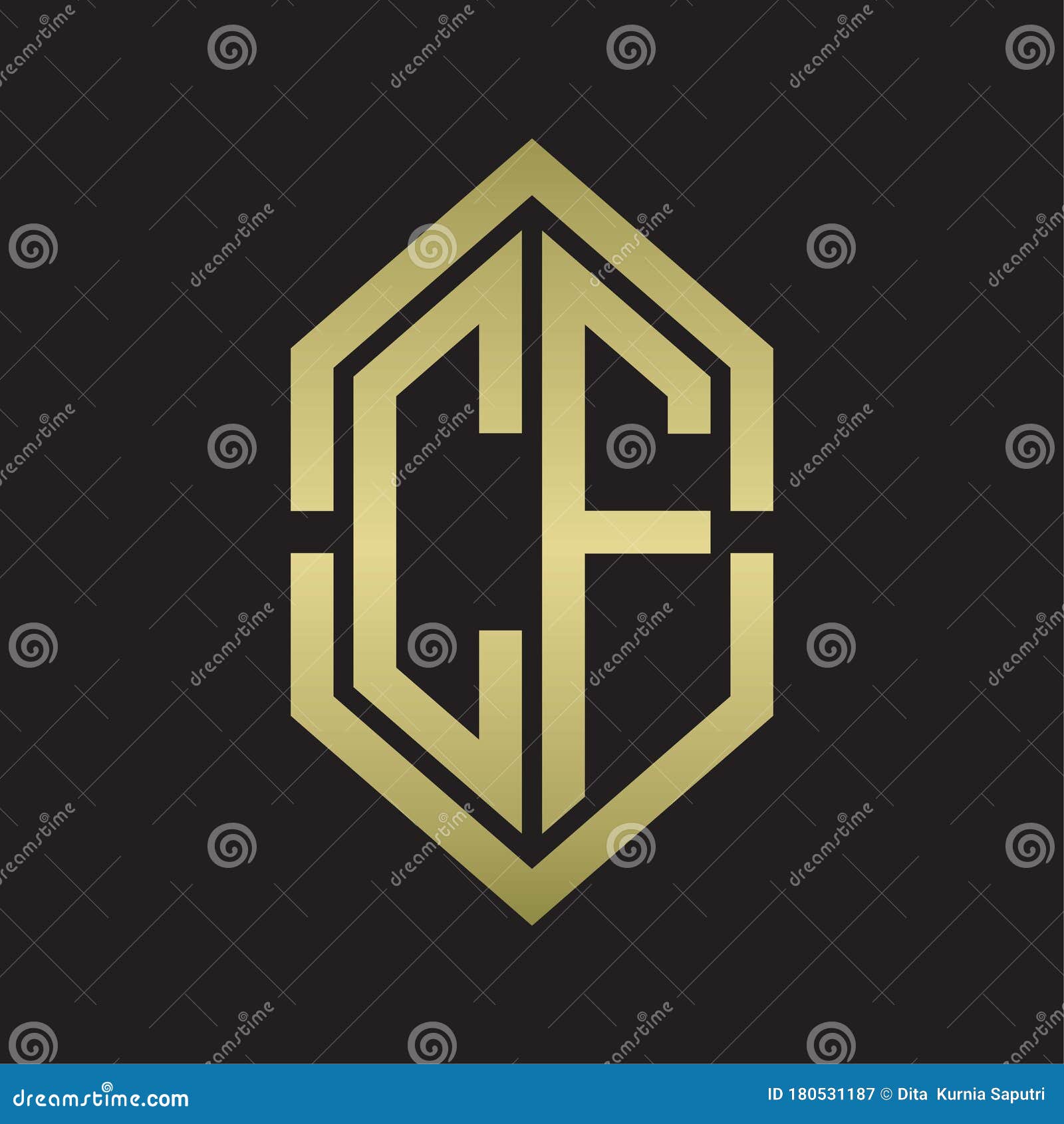 CF Logo Monogram with Hexagon Shape and Outline Slice Style with Gold ...