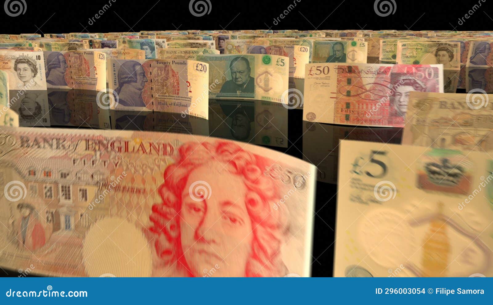 Fly-through Animation Over a Large Set of British Pound Banknotes Stock ...