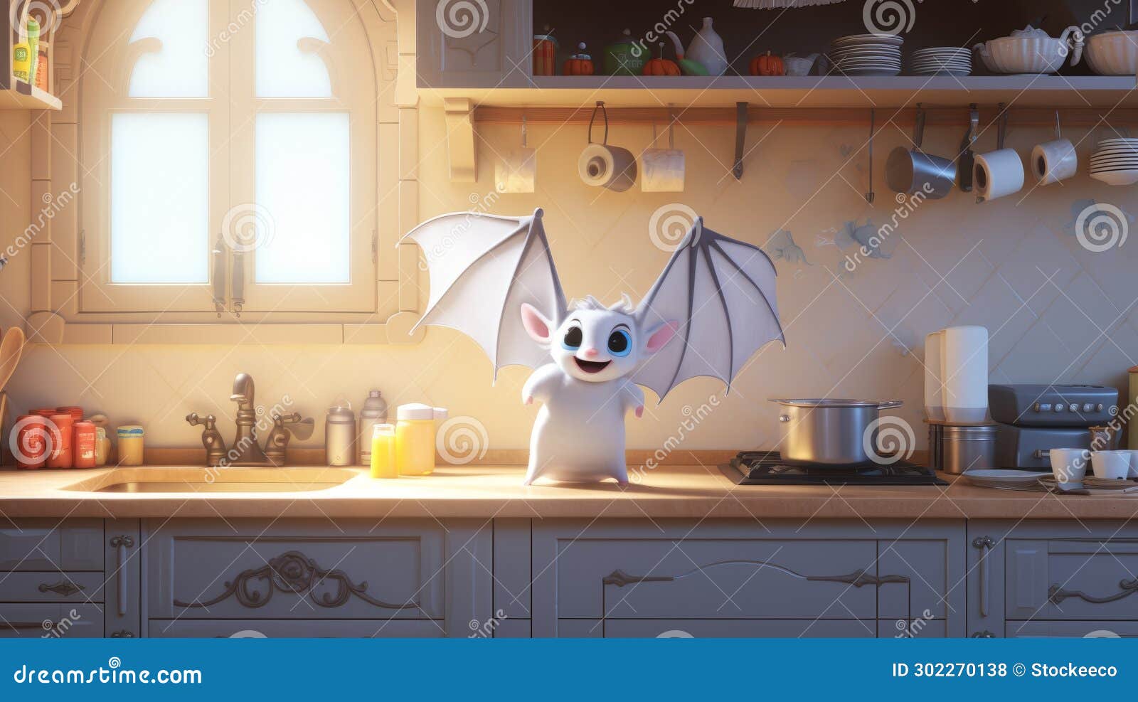 Cute Cartoon Bat in Kitchen: Volumetric Lighting, Pixar Style Stock ...