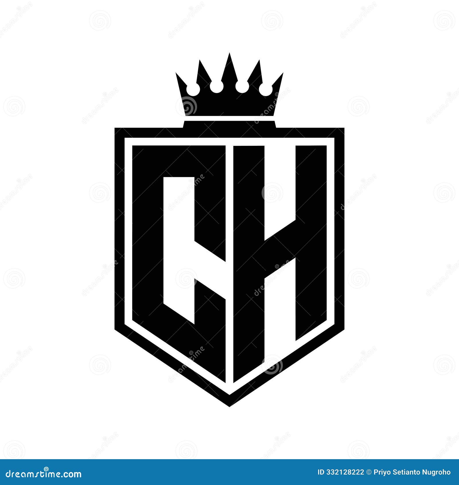 CH Logo Monogram Bold Shield Geometric Shape With Crown Outline Black And White Style Design ...