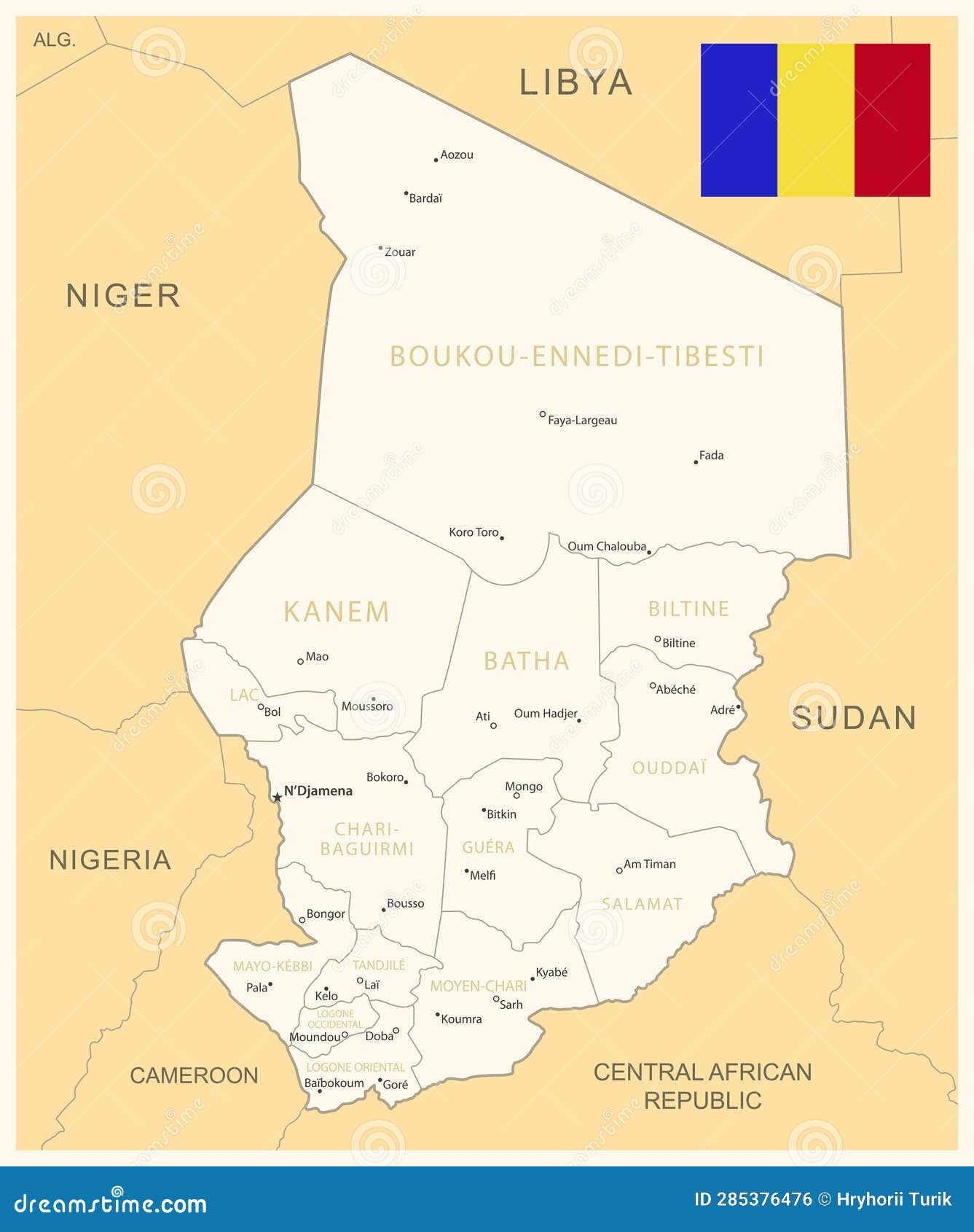 Chad - Detailed Map Of The Country In Brown Colors, Divided Into ...