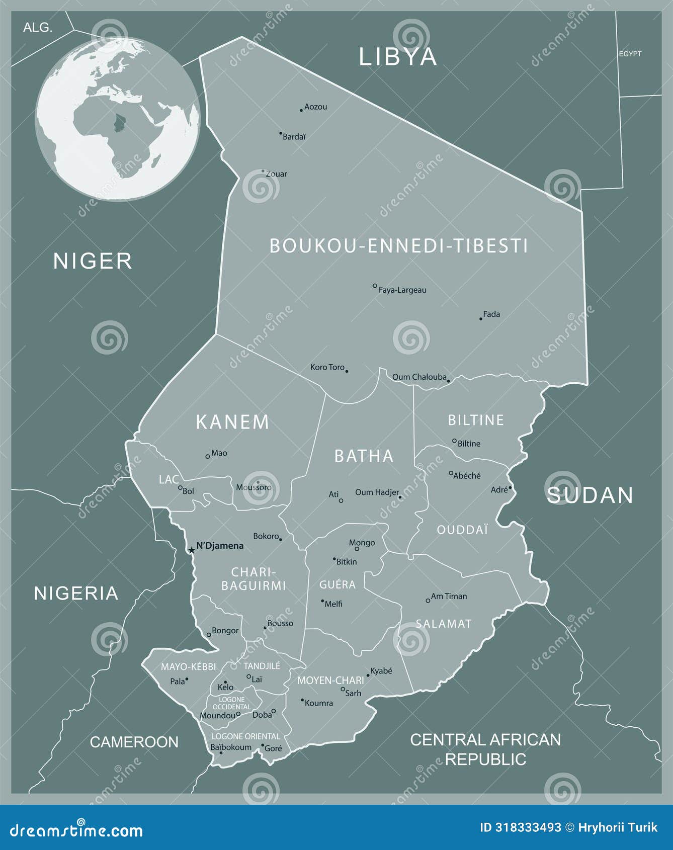 Chad Detailed Map Highlighted On Blue Rounded World Map Vector ...