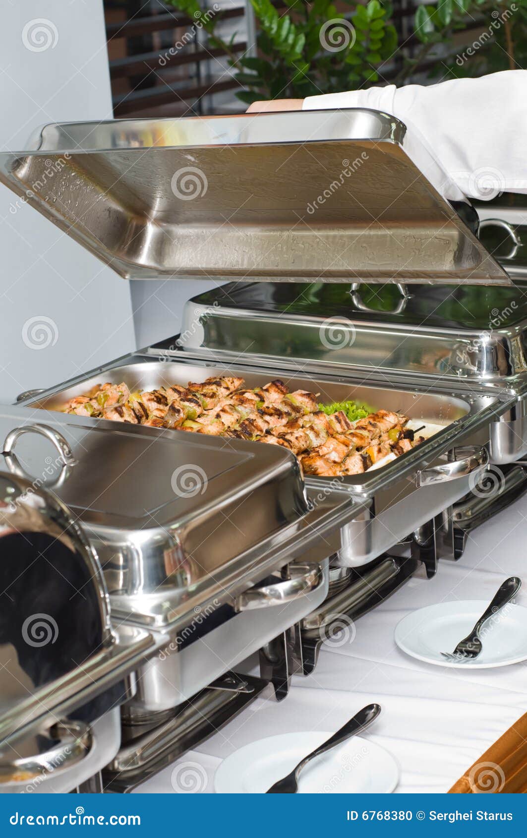 Chafing Dish Heater with Fish Kebab Stock Photo - Image of skewer, food ...