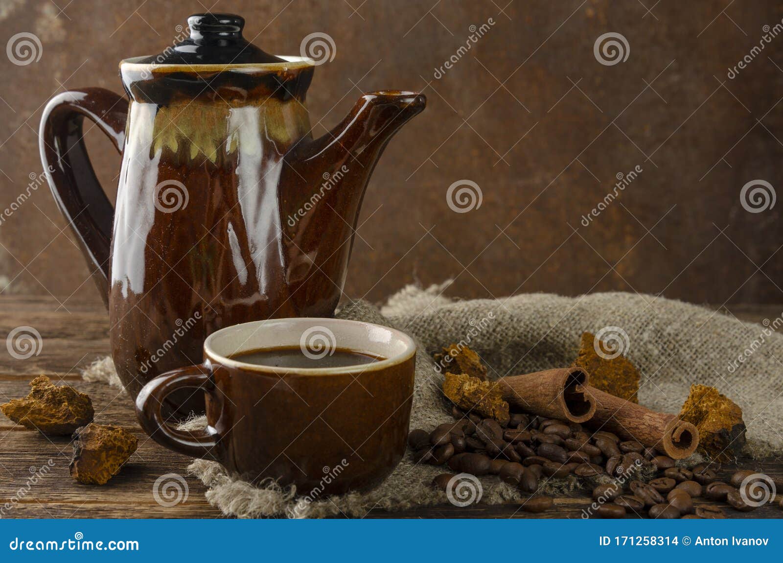 Chaga Coffee with Spice on the Dark Background Stock Photo - Image of ...