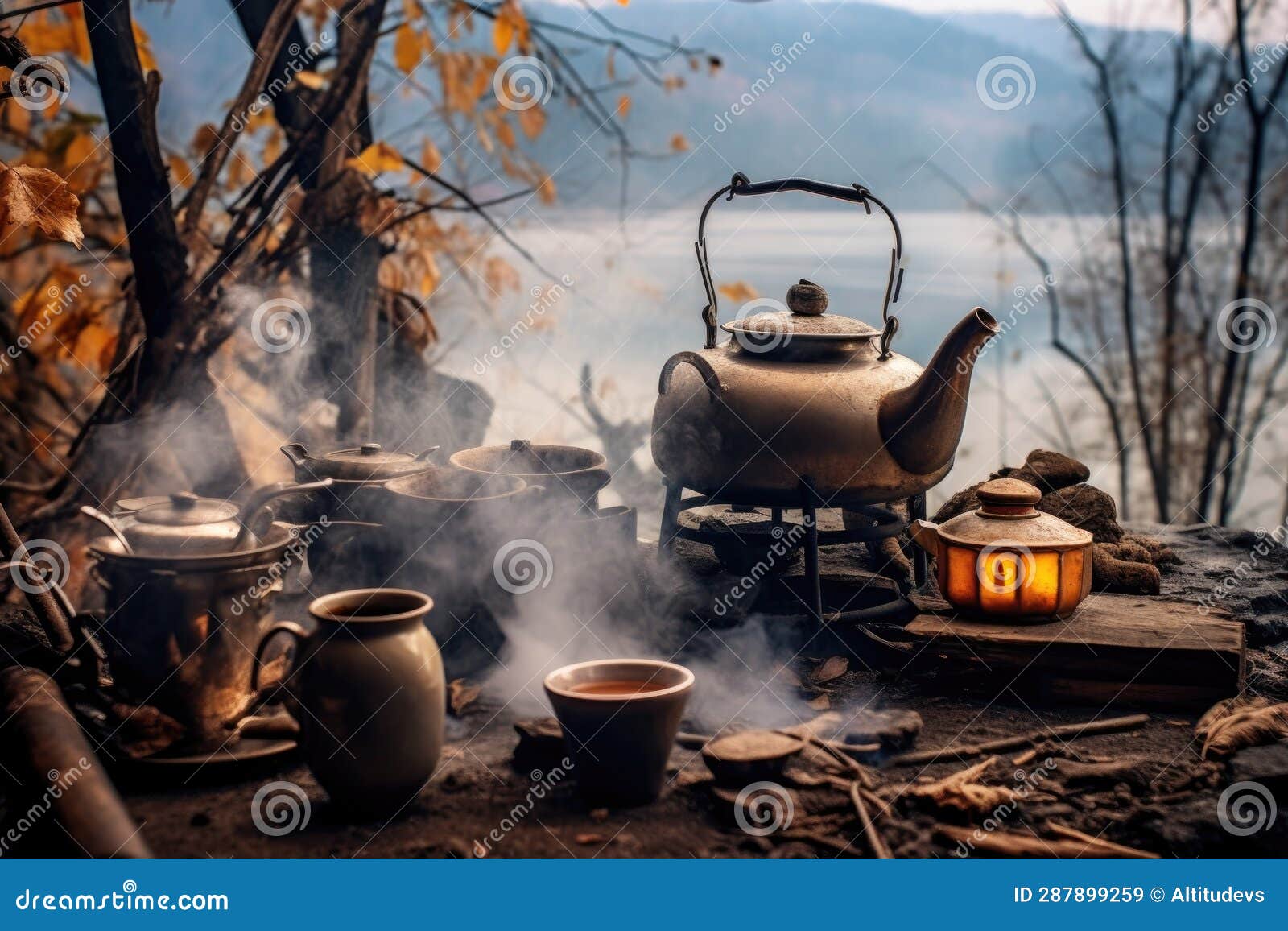Chai Tea Brewing Process with Smoke and Steam Near Campfire Stock ...