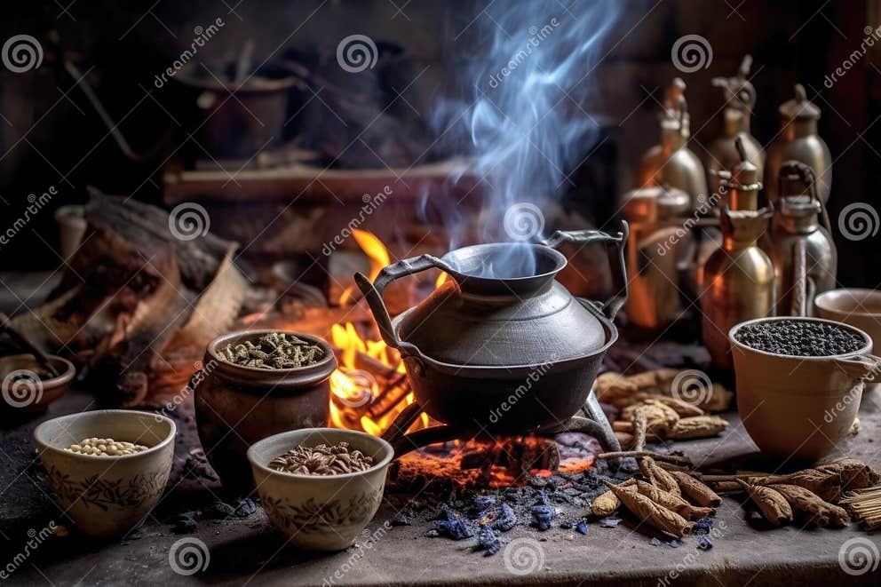Chai Tea Brewing Process Step-by-step Arranged Near the Fire Stock ...