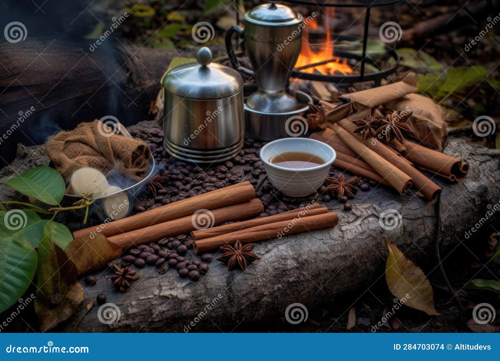 Chai Tea Ingredients Spread Out on a Log by the Campfire Stock ...