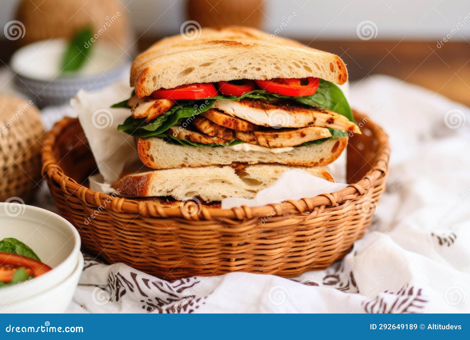Chai Tea Spiced Chicken Sandwich in a Wicker Basket Stock Image - Image ...