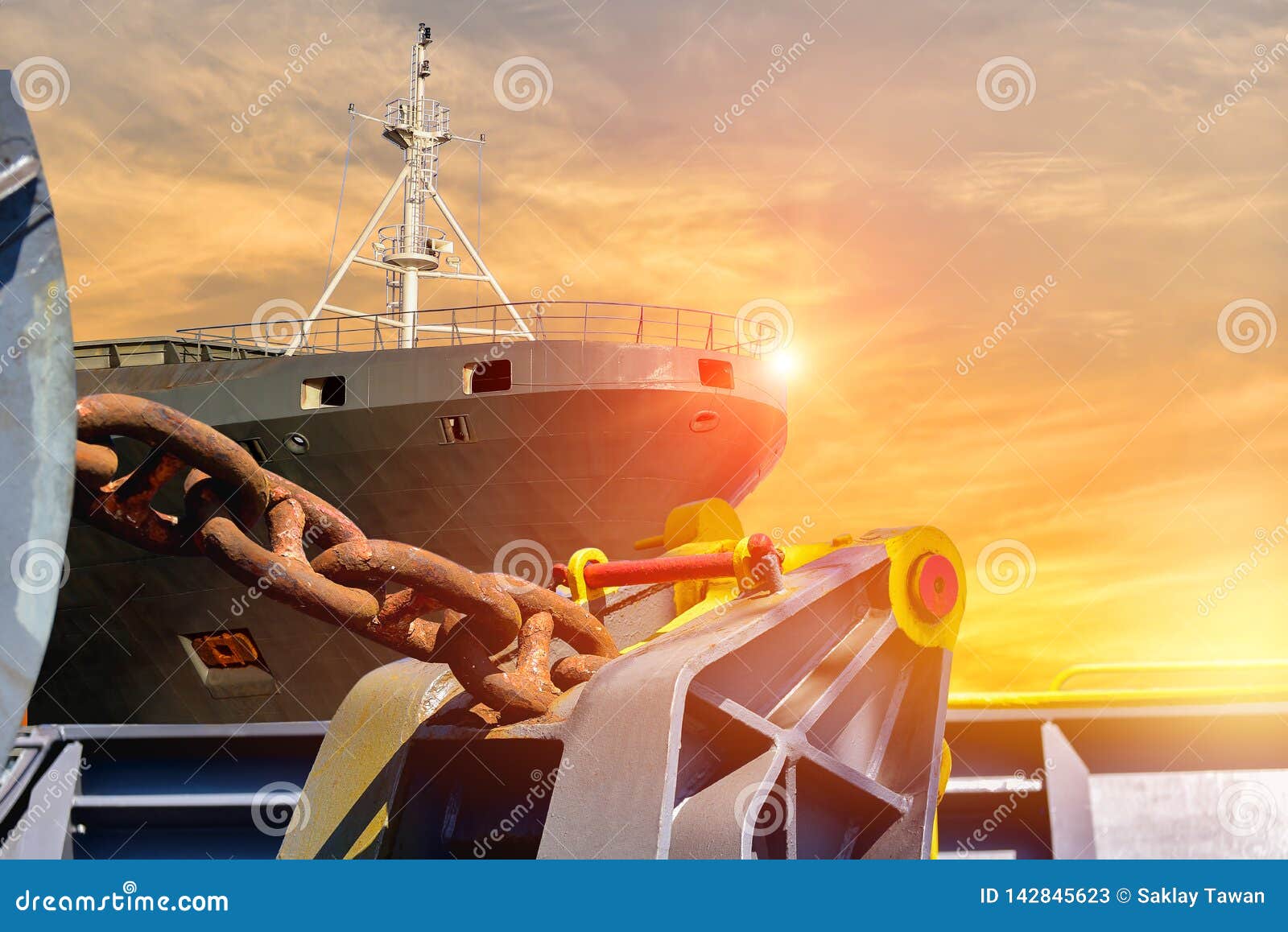 Chain Anchor on Front of Deck Ship with Sunset. Stock Illustration ...