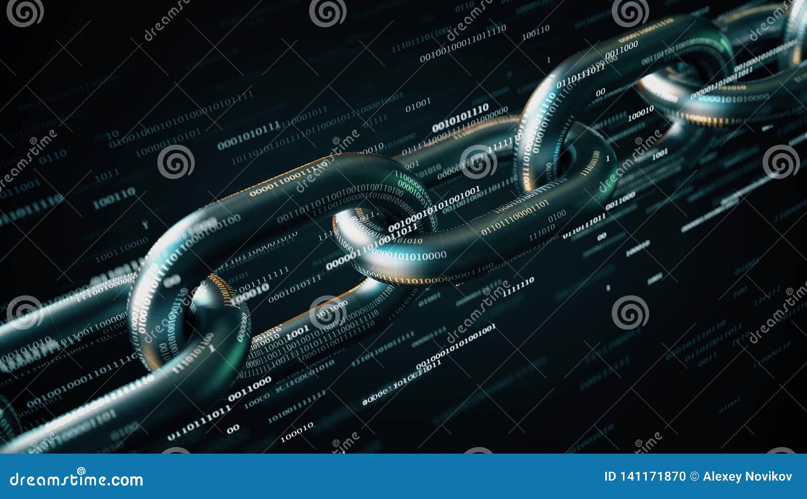 Metal Chain with Many Binary Numbers. Blockchain Technology Conceptual 3D Rendering Stock ...