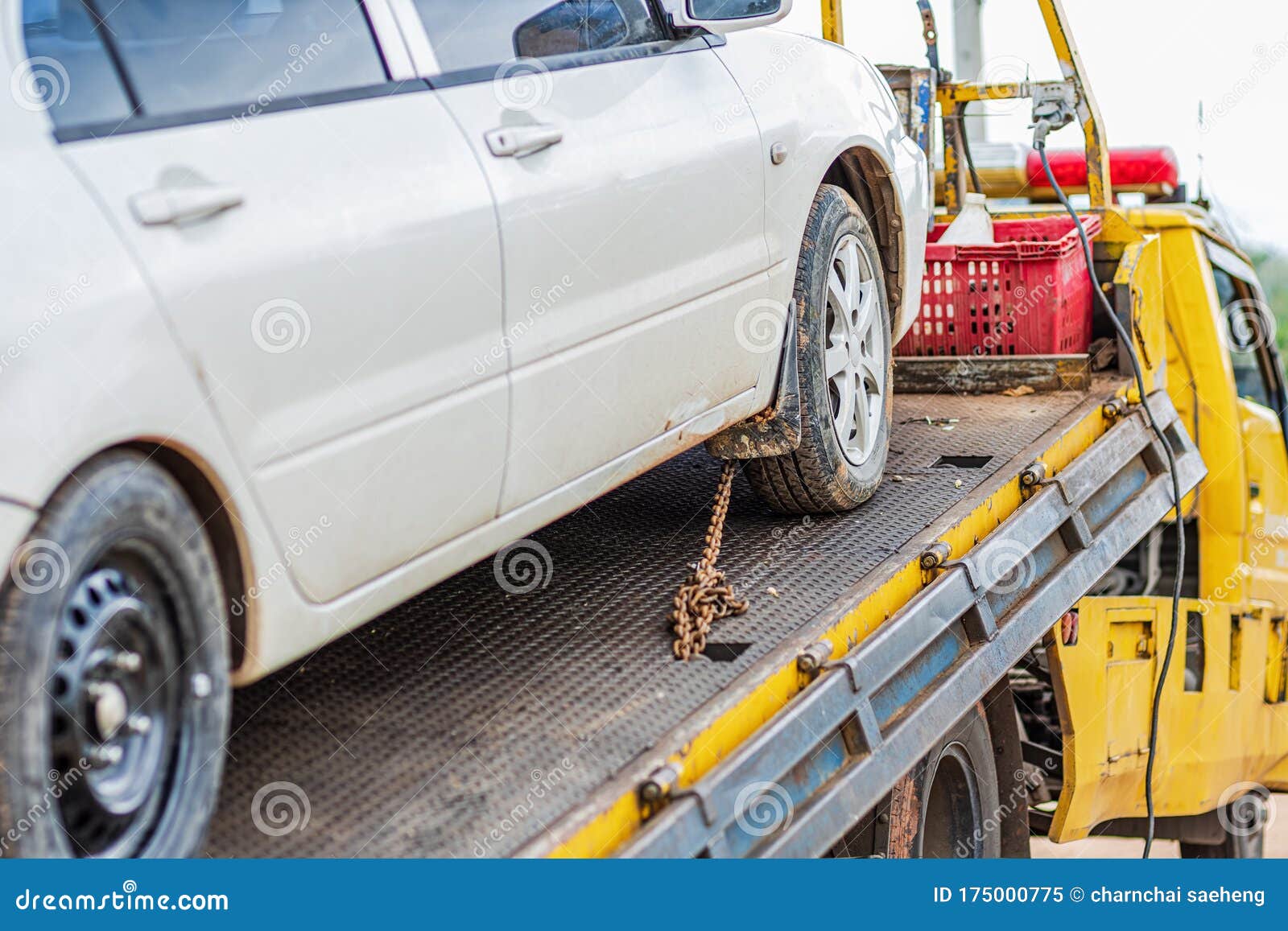 Chain Bind Car Wheel on Car Tow in the Park. Damage and Accident Car ...