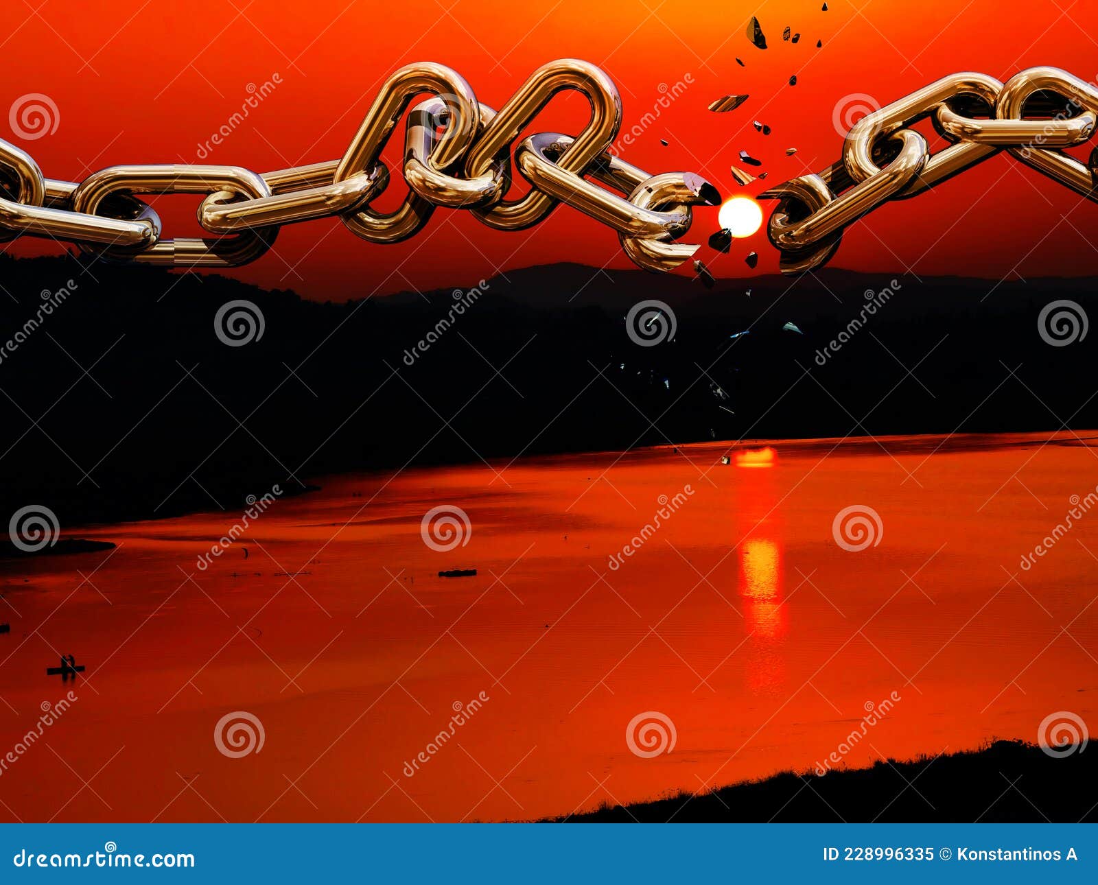 Chain Breaking, Break in Pieces in Sunset Sea Sun before Night Stock ...
