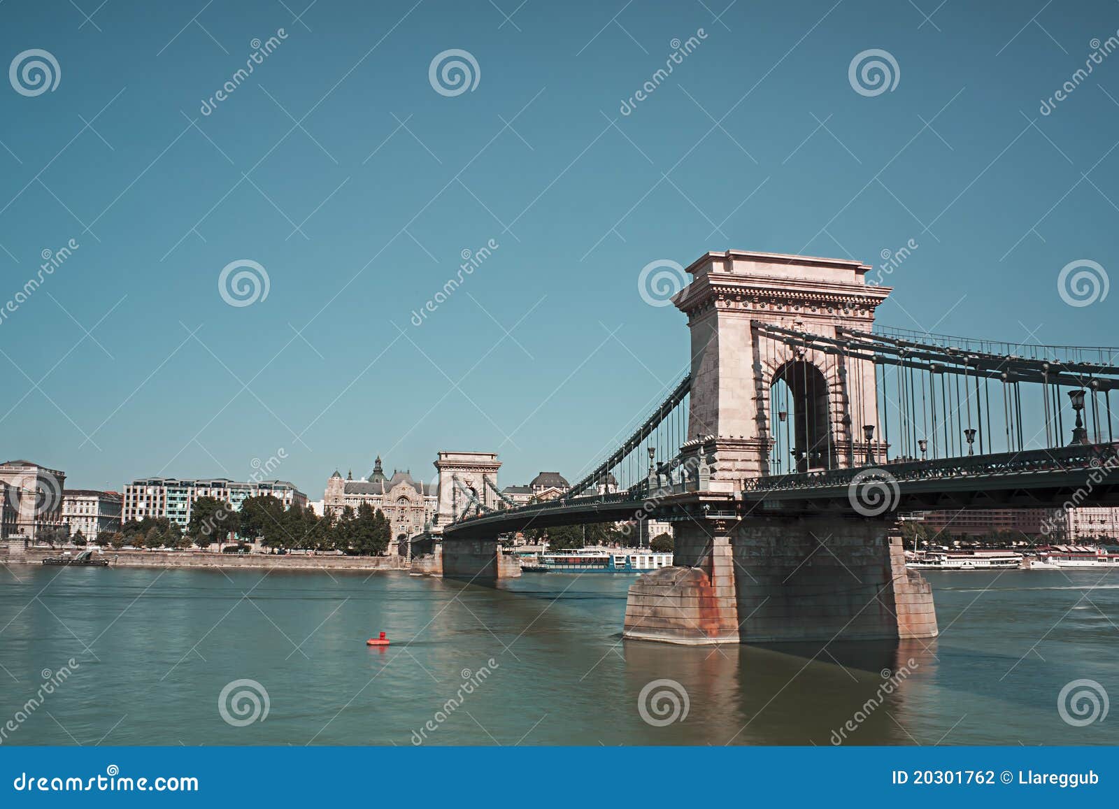 Chain Bridge Over the Blue Danube River Stock Photo - Image of landmark ...