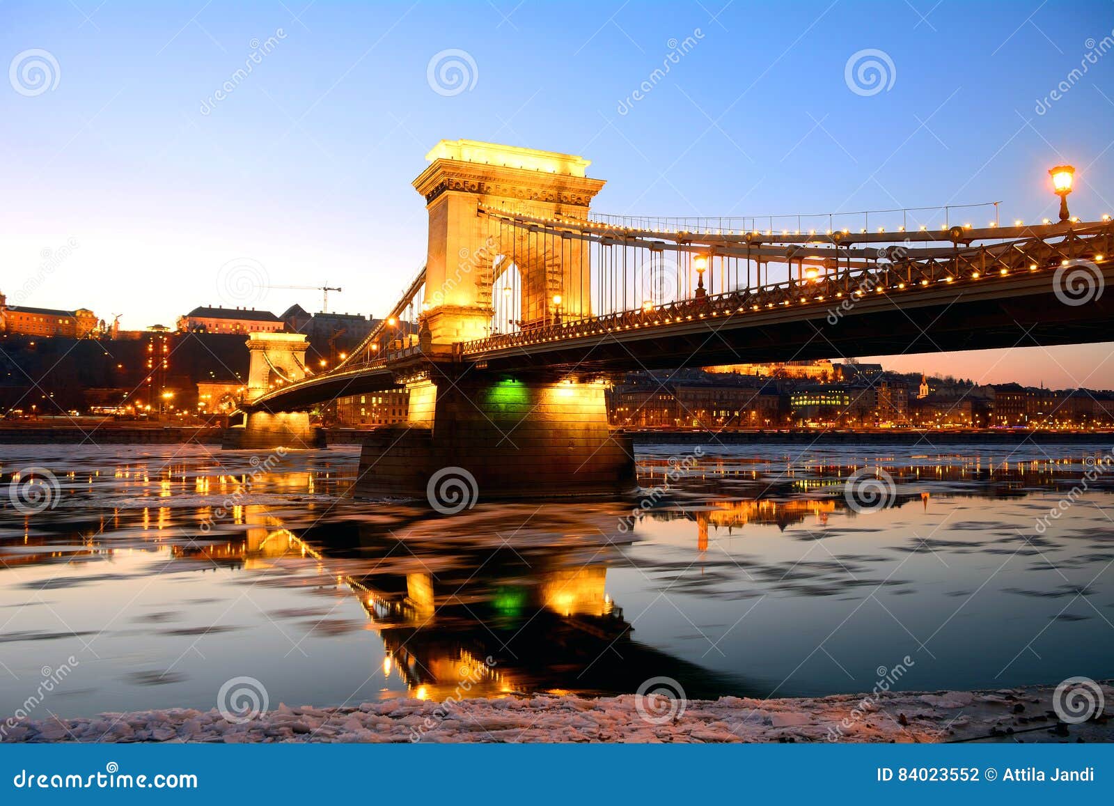 The Chain Bridge at Sunset Over the Icy Danube River, Budapest ...
