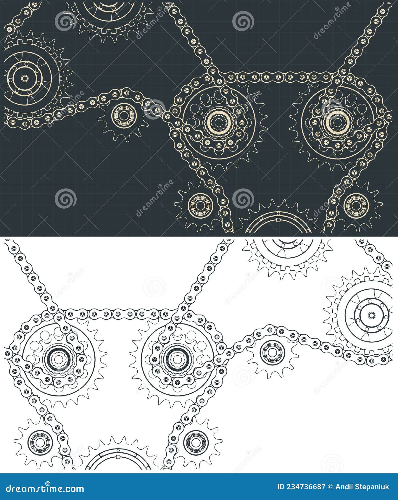 Chain Drive And Gears Isometric Blueprints Vector Illustration ...