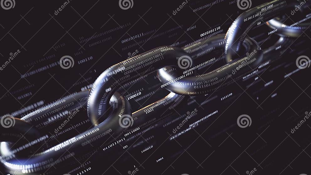 Chain Links and Flying Binary Numbers. Blockchain Technology Related 3D ...