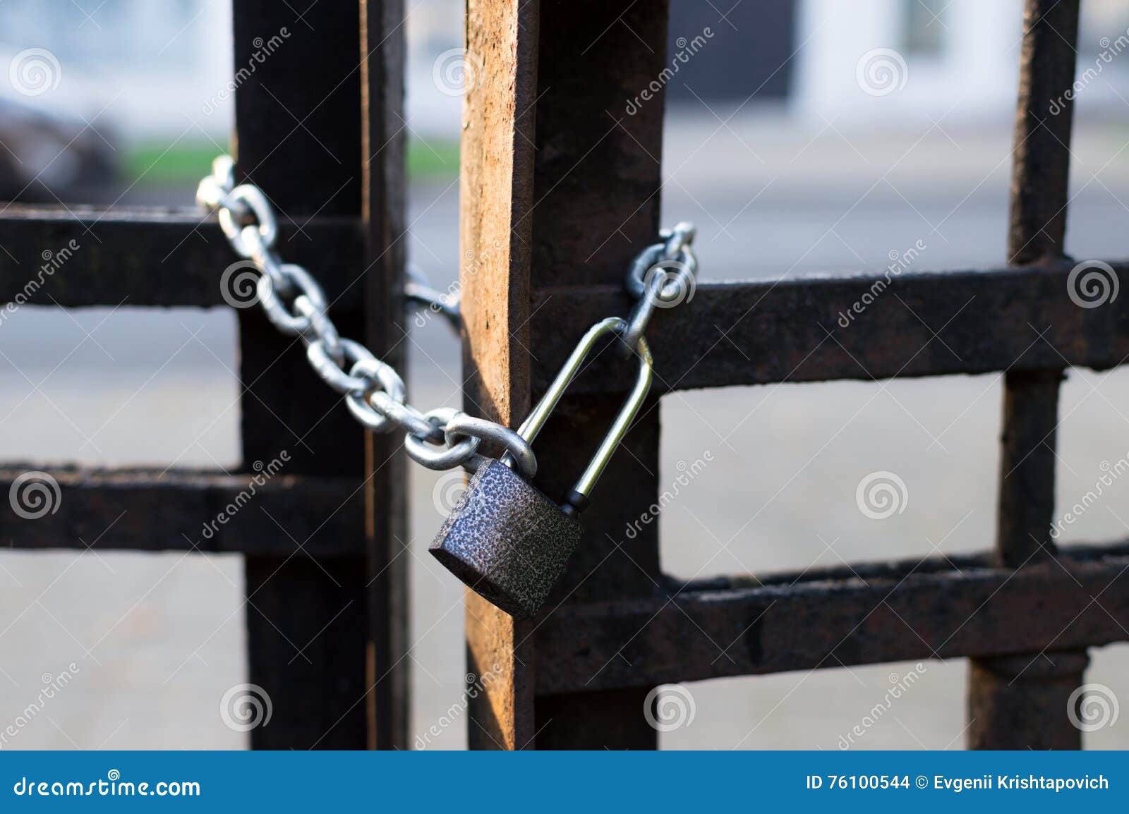 Chain and Lock on the Iron Fence. Closeup View. Sharp Lock Stock Photo ...
