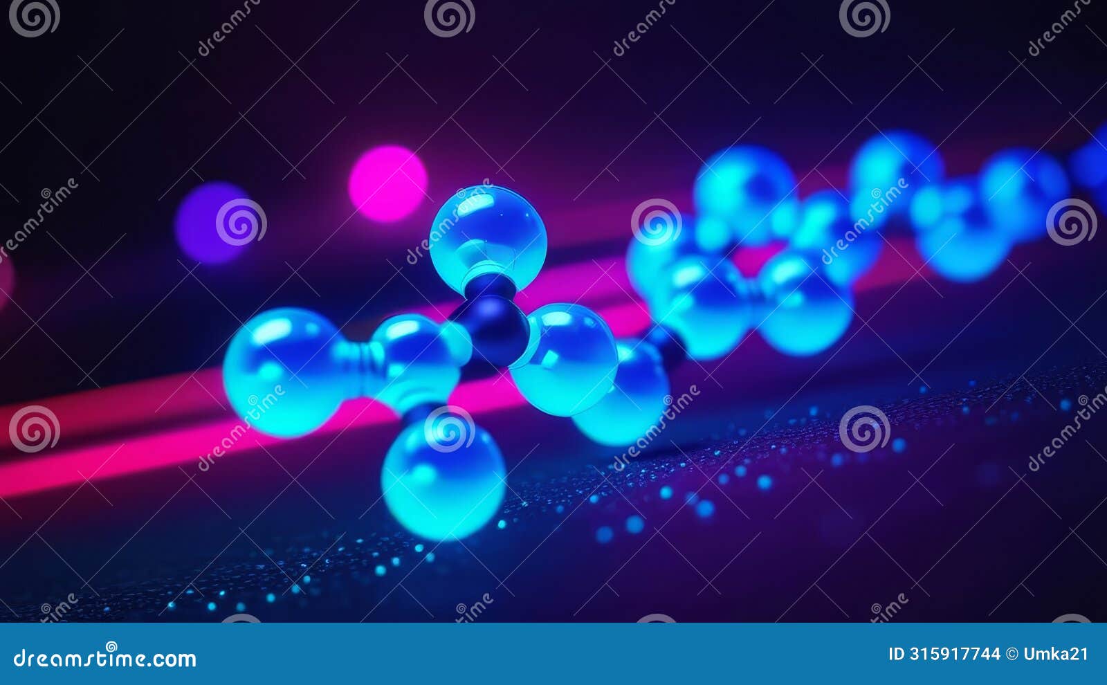 A Chain of Molecules in Blue Neon Light, on a Dark Background Stock ...