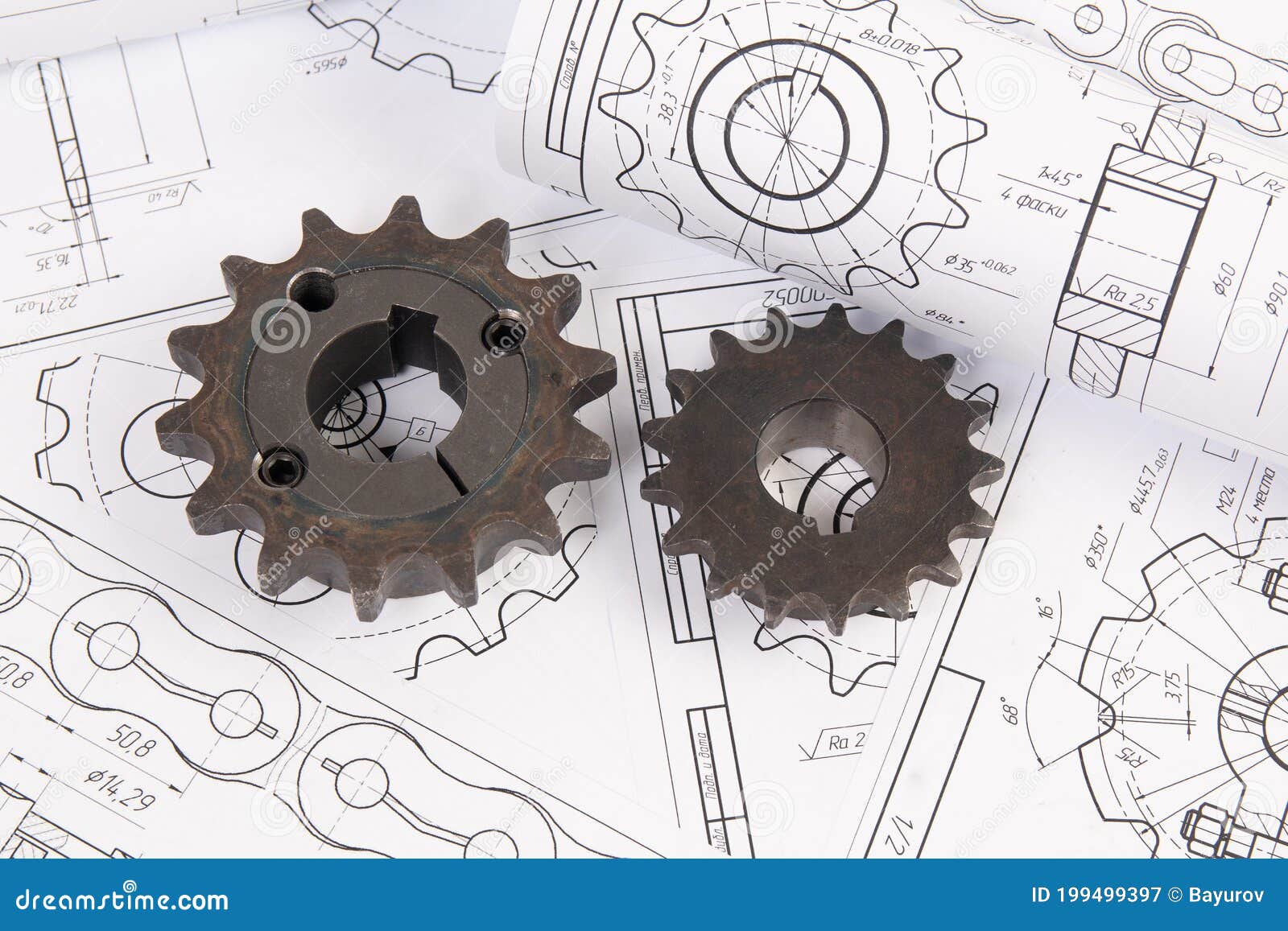 Chain Sprockets on a Paper Engineering Drawings Stock Image - Image of ...