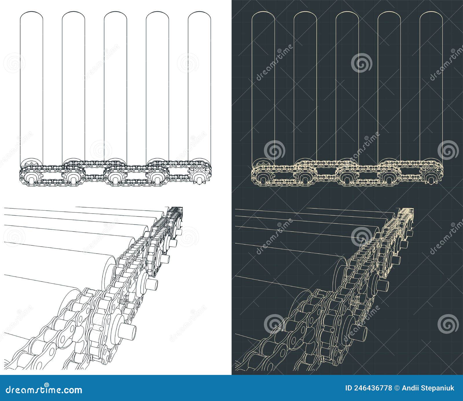 Chain Transmission in a Roller Conveyor Close Up Stock Vector ...