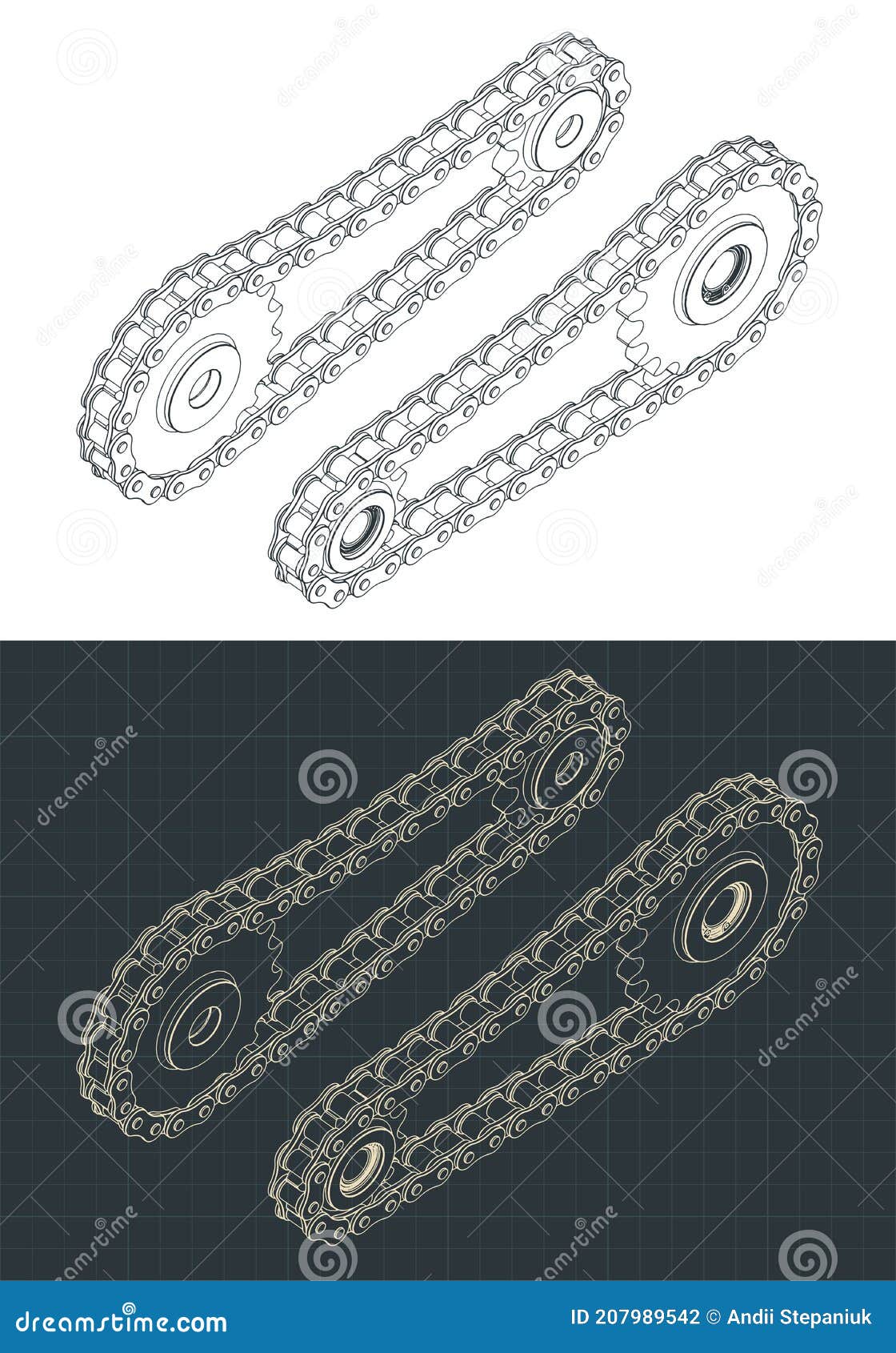 Chain Transmission In A Roller Conveyor Blueprints Vector Illustration ...