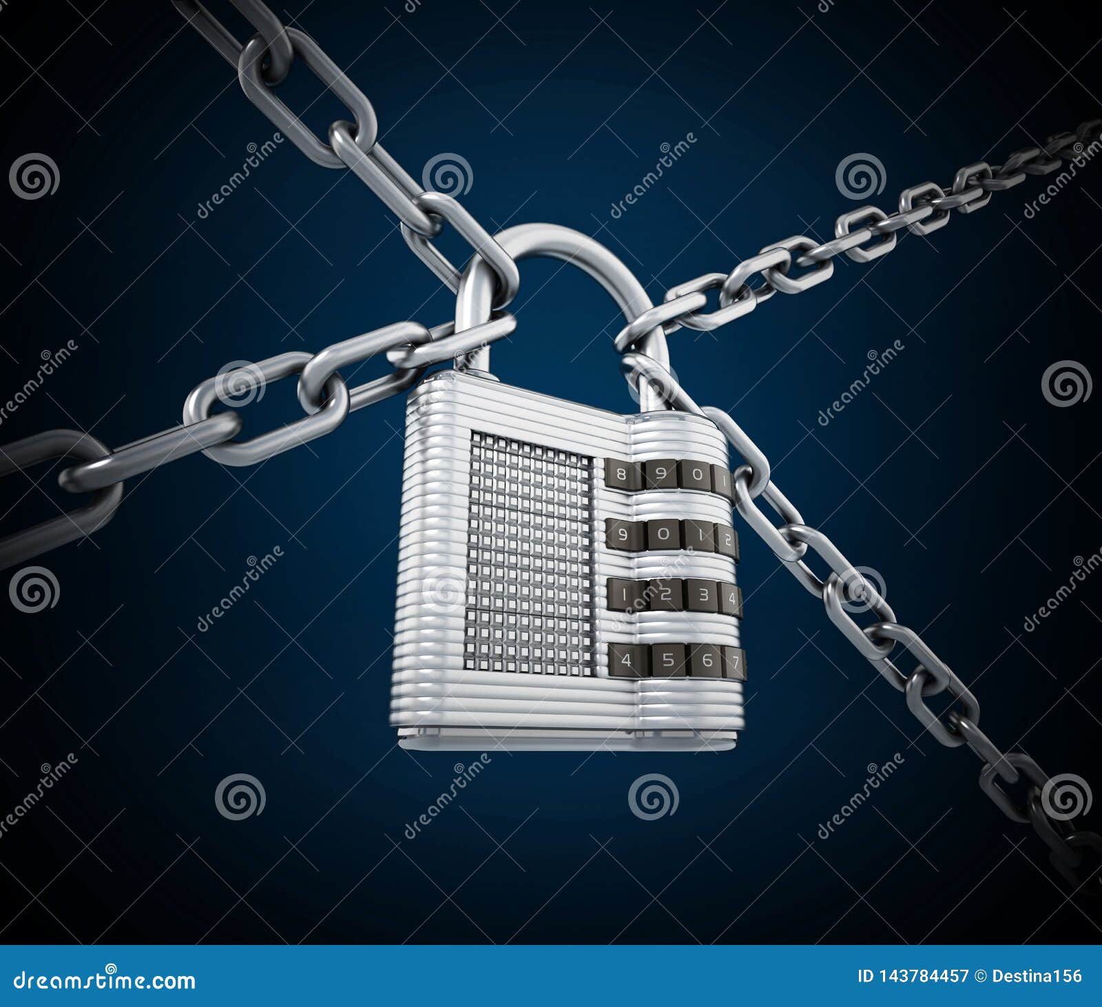 Chained Padlock on Dark Blue Background. 3D Illustration Stock ...