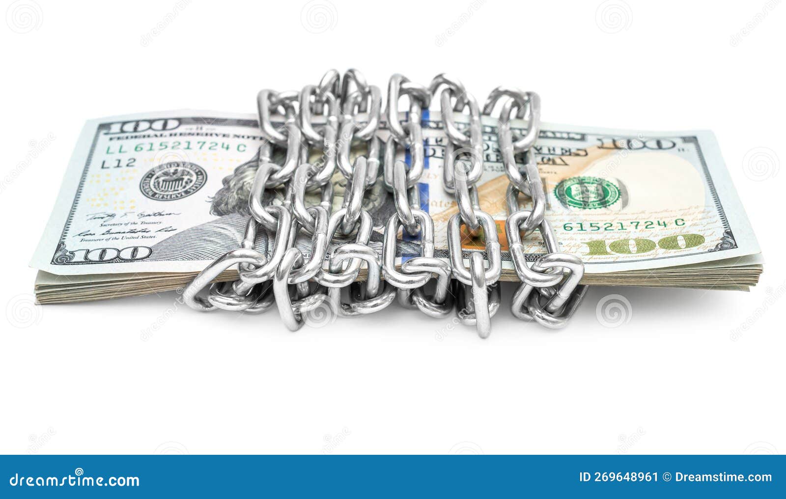 Chained Stack of Dollar Bills by Metal Chain on White. Security and ...
