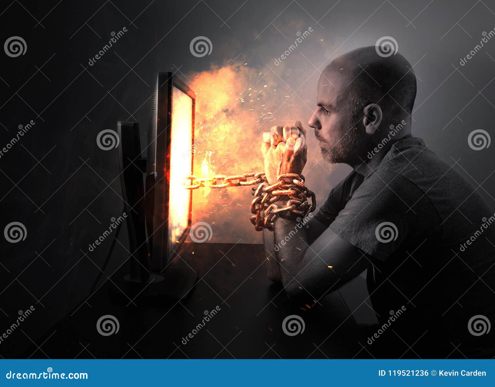 Chained To Flaming Computer Stock Photo - Image of dark, technology ...