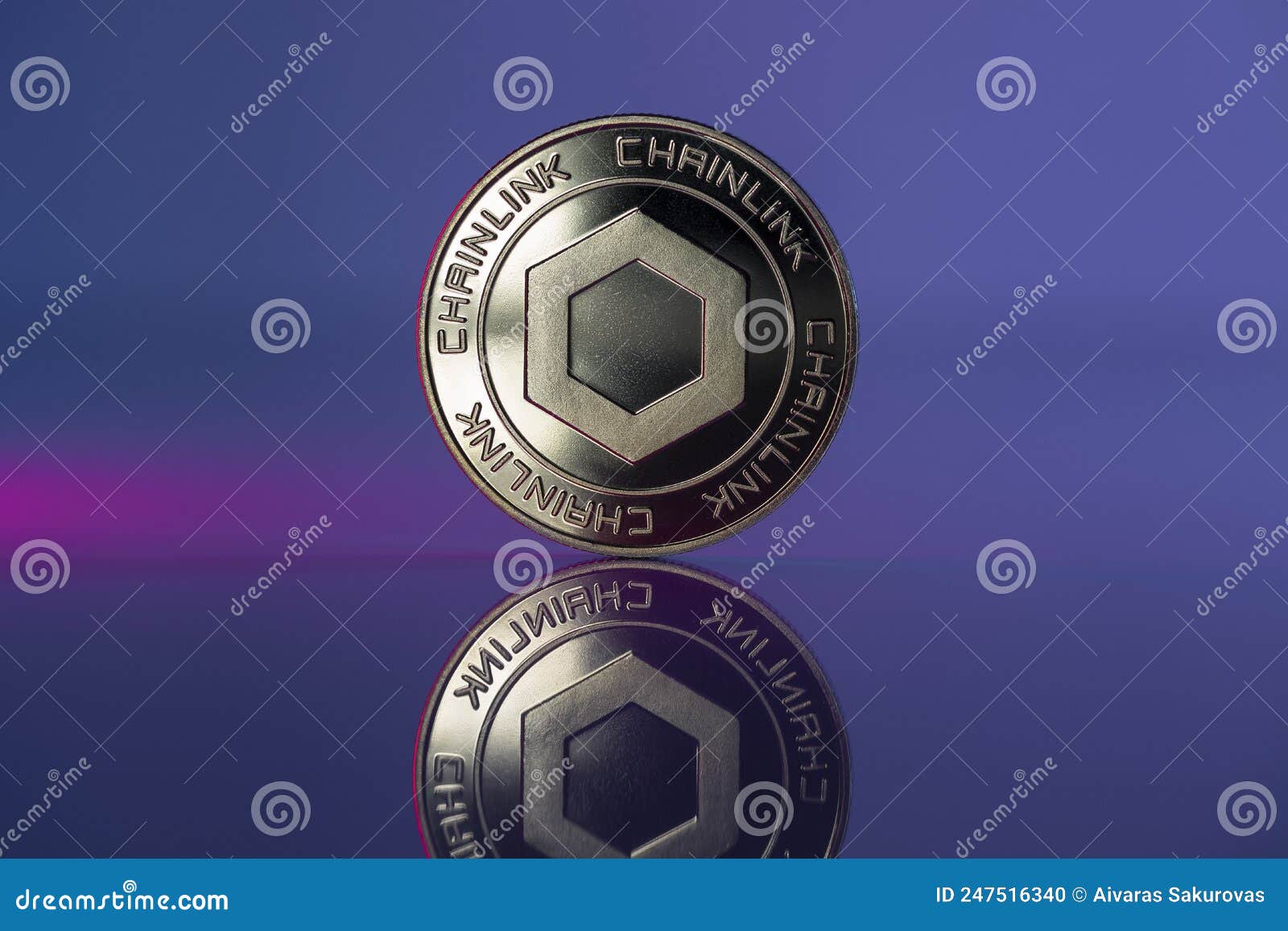 Chainlink LINK Crypto Coin Placed on Reflective Surface and Lit with ...
