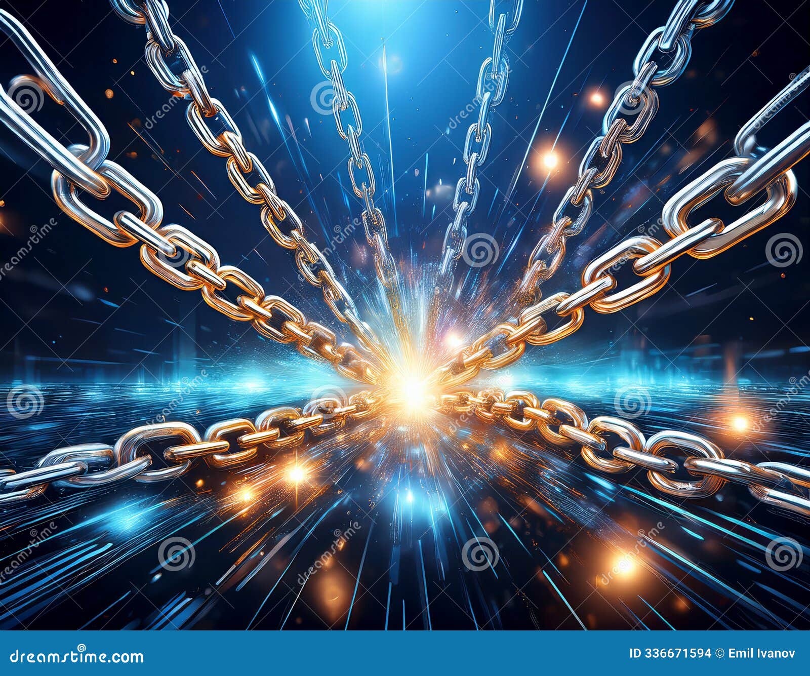 Chains are Breaking Free from Center Point of Light Explosion Stock ...