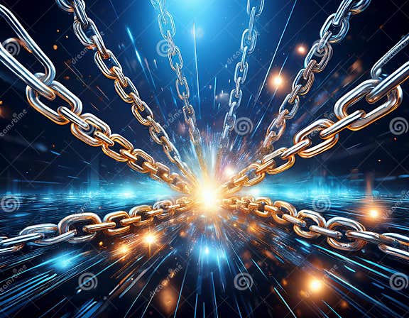 Chains are Breaking Free from Center Point of Light Explosion Stock ...