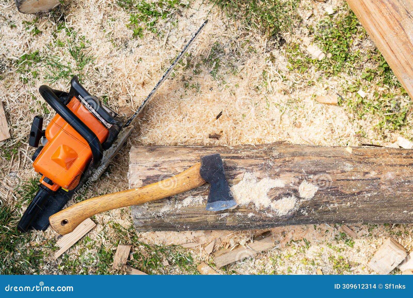 Chainsaw and Ax on a Freshly Cut Log. Work Process. Stock Photo - Image ...
