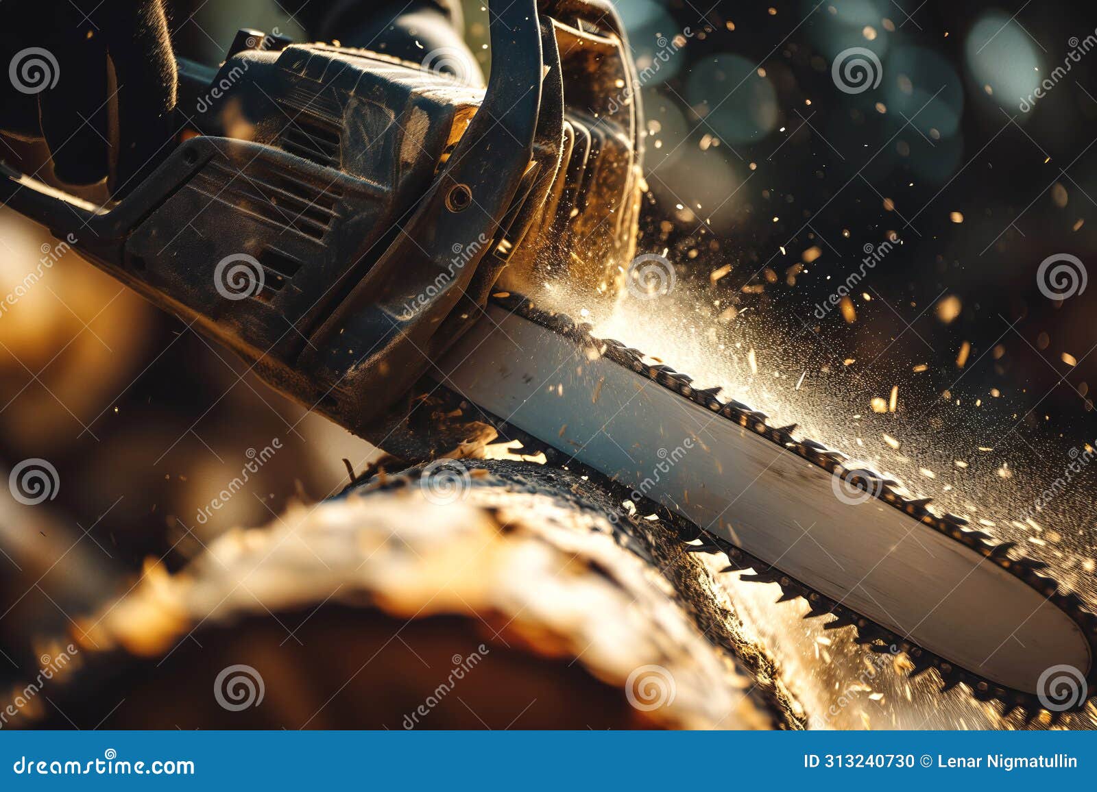 Chainsaw Cutting through a Tree with Flying Sawdust Stock Photo - Image ...